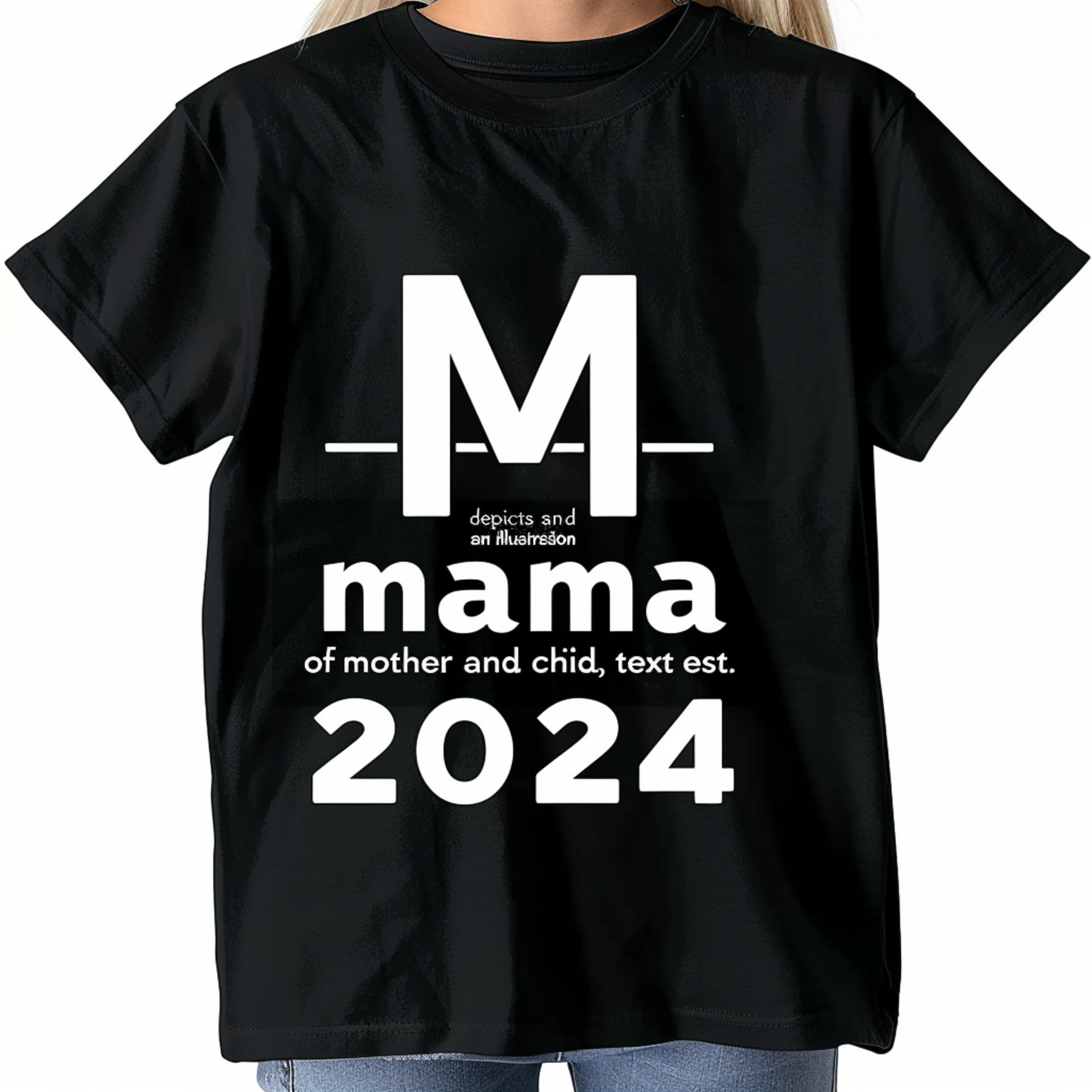 Black T Shirt with 'Mama Est ' Illustration and 2024 Design Minimalist ...