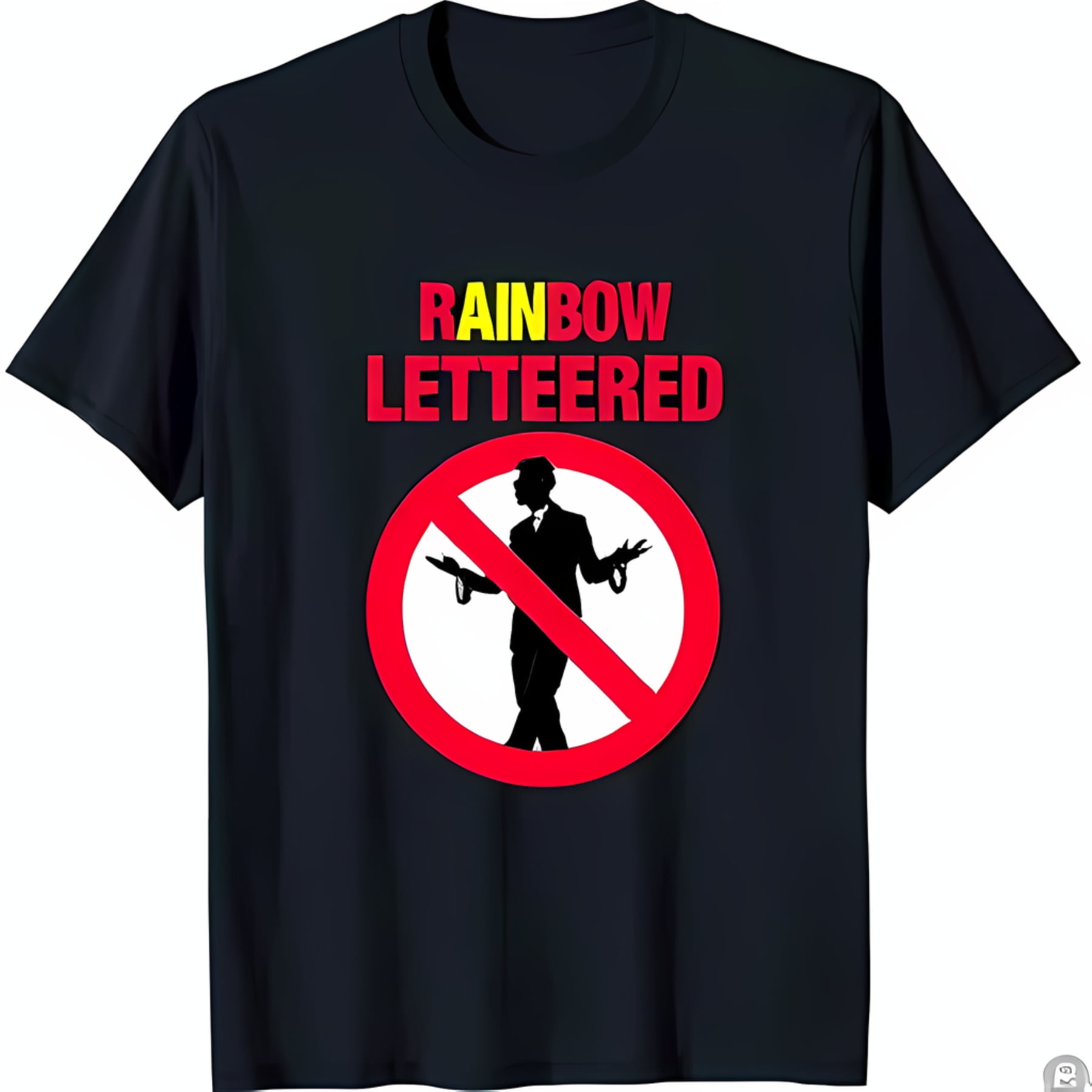 Black T-Shirt with Man in No Entry Sign & Rainbow Lettering - Walmart.com