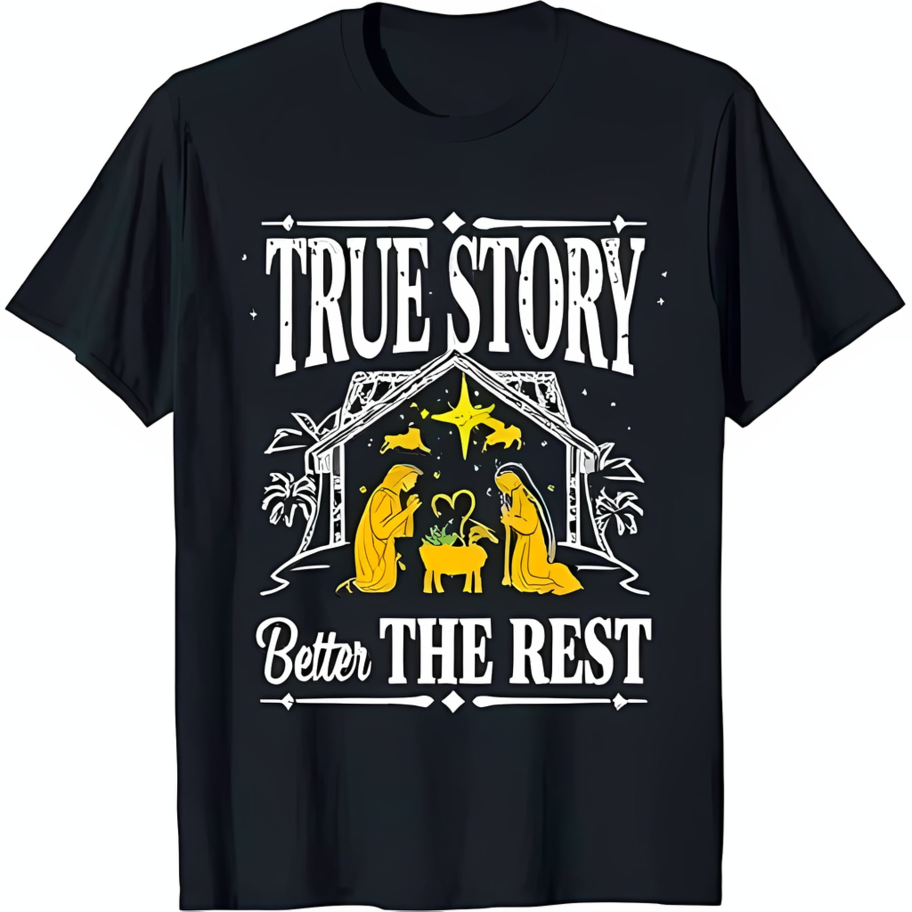 Black T-Shirt with Manger Scene Graphic 'True Story' Design for ...