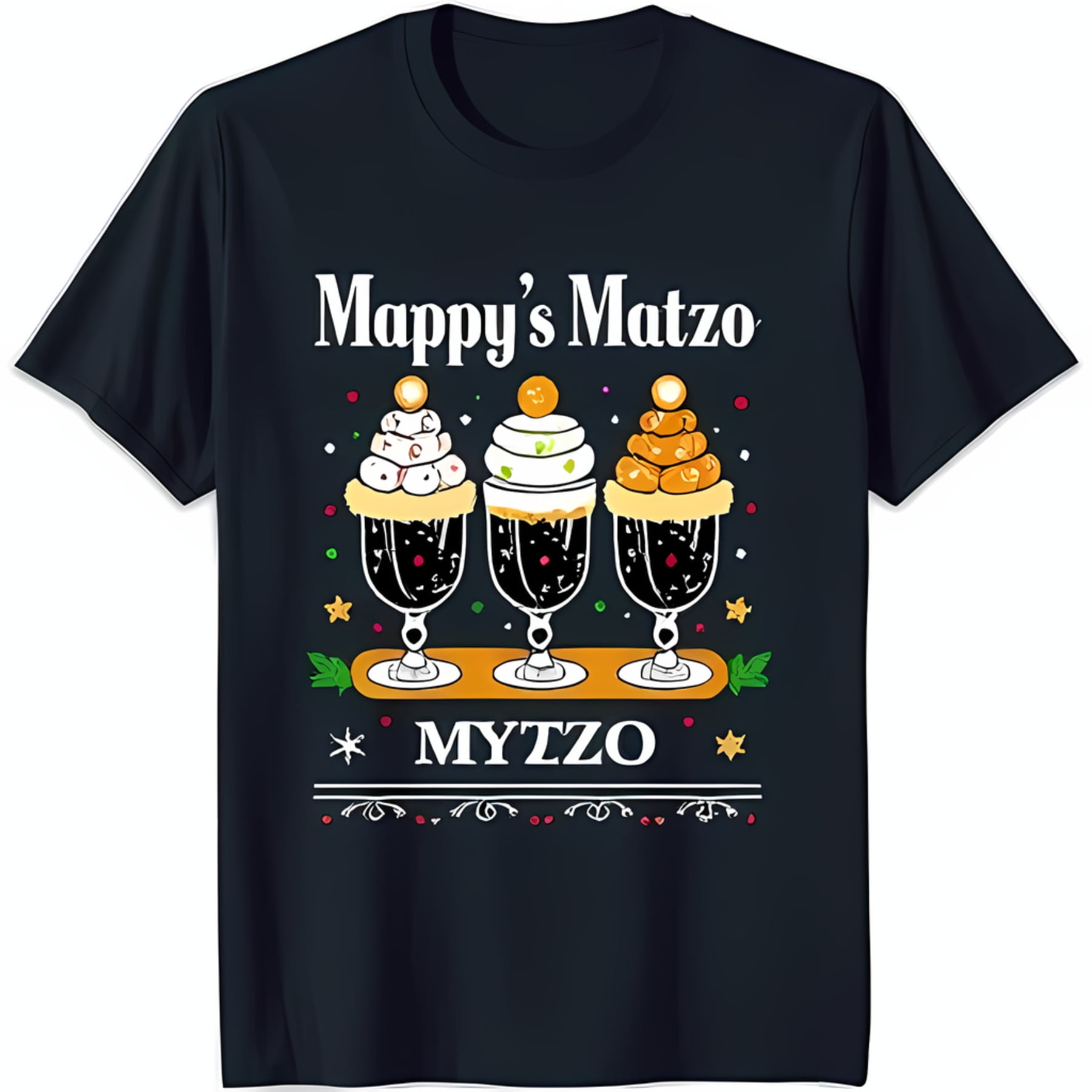 Black T-Shirt with 'Mappy's Matzo' Graphic & Topped Glasses Design ...