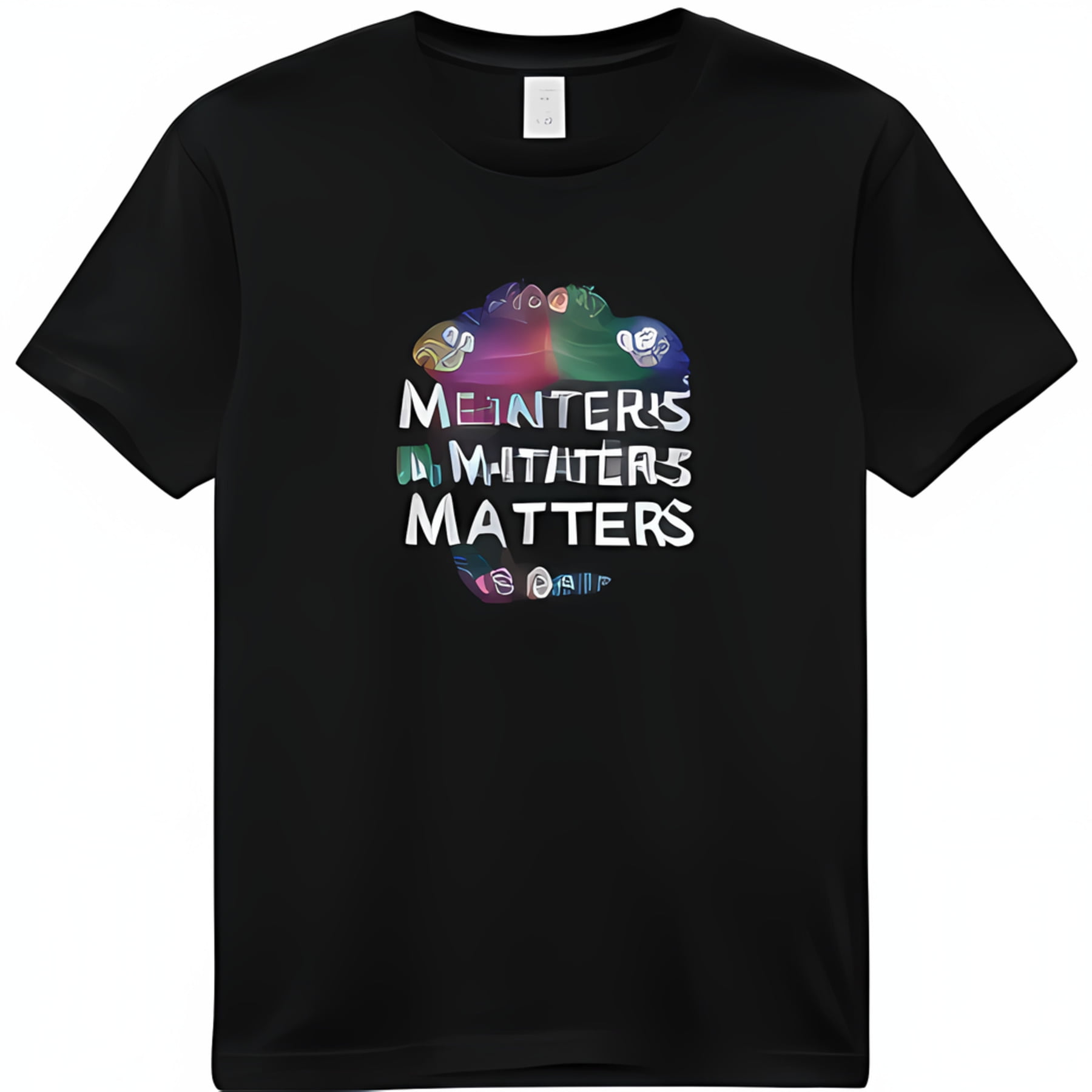 Black T-Shirt with 'Me Interis Matter' Text Rainbow Cartoon Figures and ...