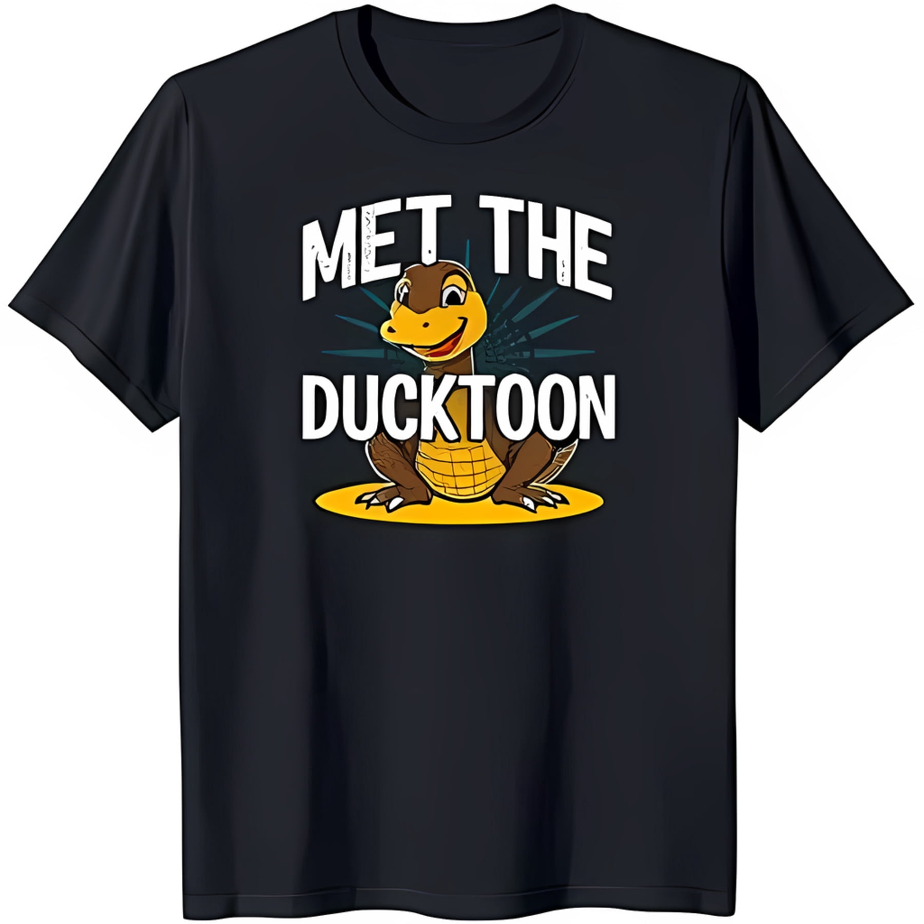 Black T-Shirt with 'Meet the Ducktoon' Graphic & Smiling Design ...