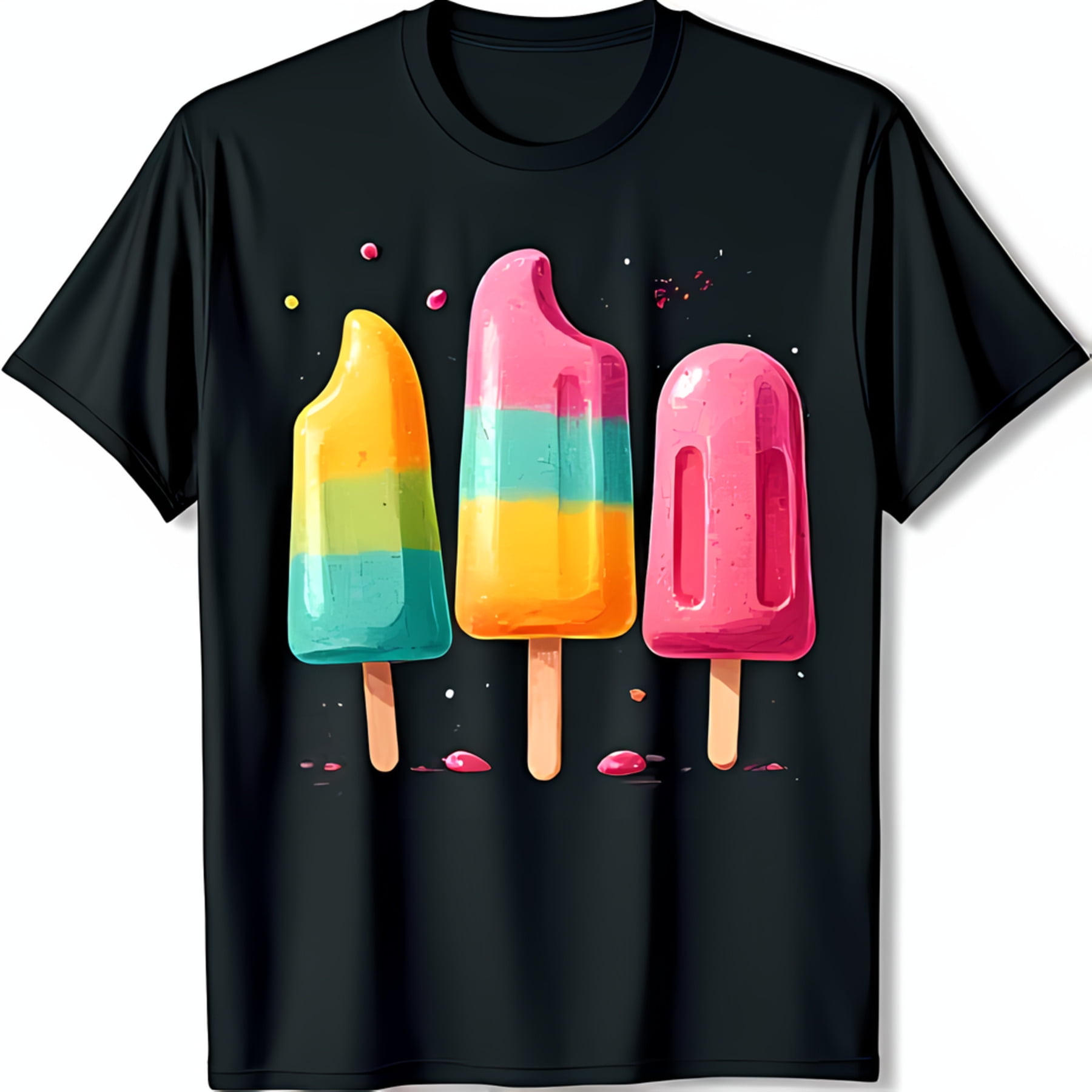 Black T-Shirt with Minimalist Popsicle Design Pink Yellow & Blue ...