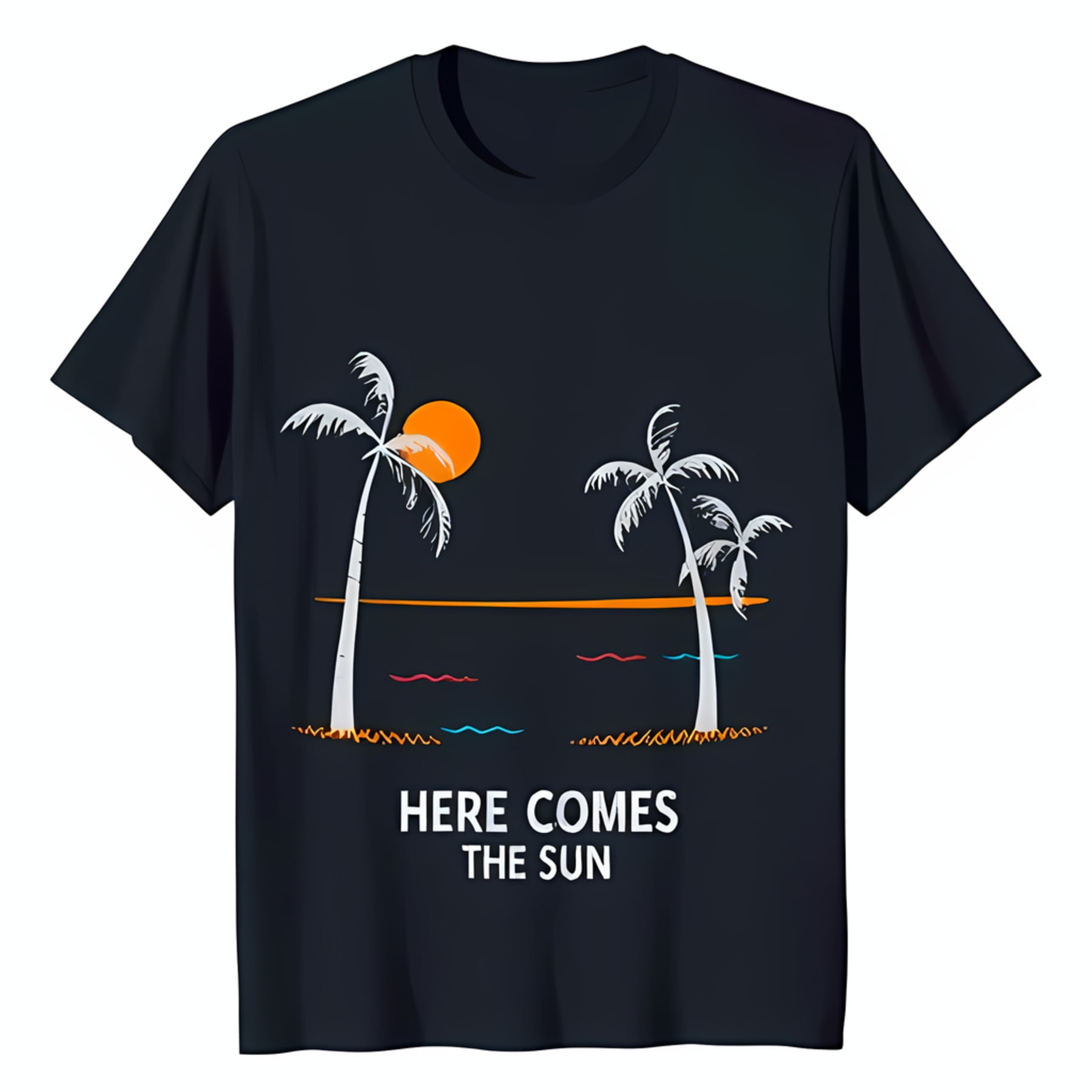 Black T-Shirt with Minimalist Trees and Sunset Ocean Design 'Here Comes ...