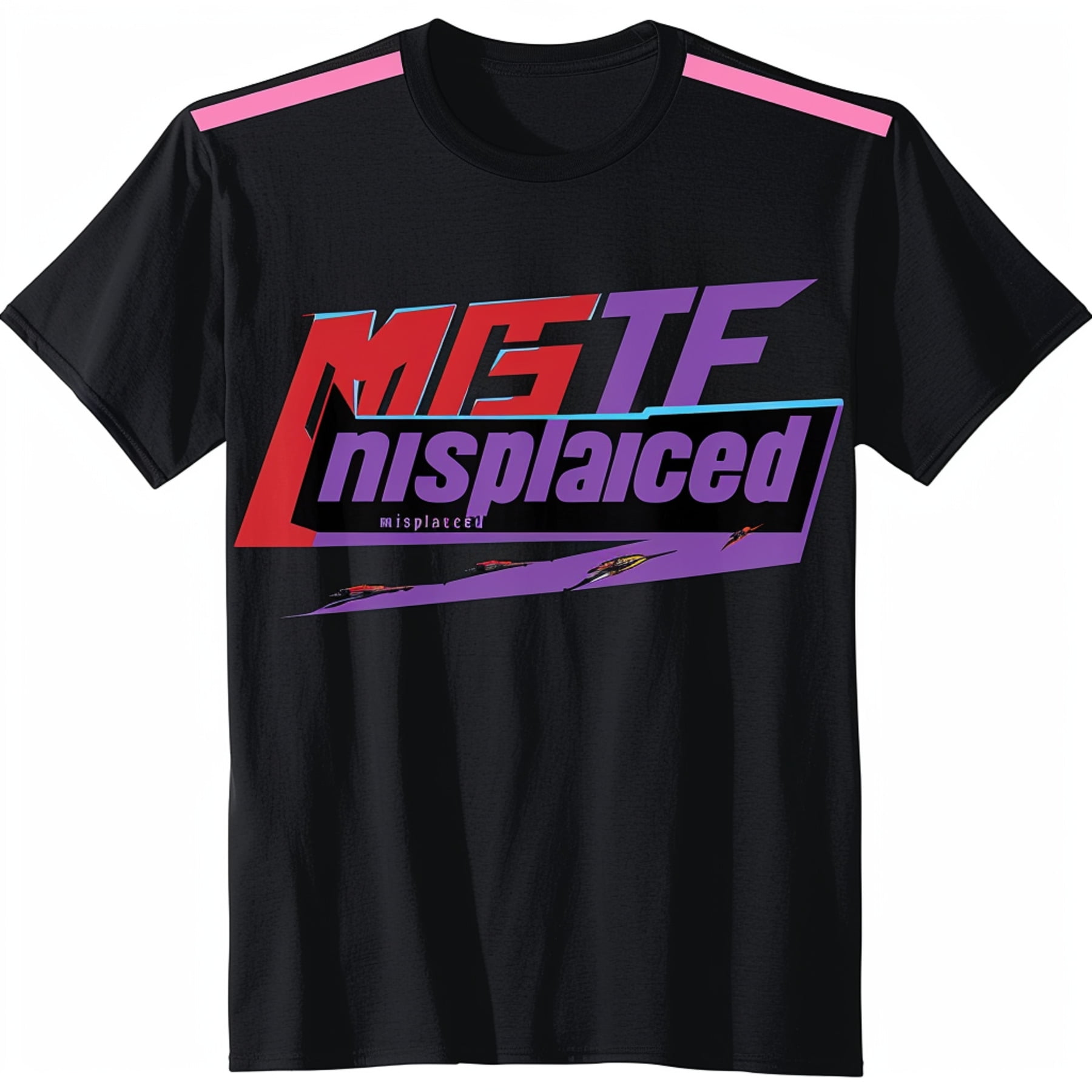 Black T Shirt with Misplaced text in purple and red Mr Universe retro sci fi film logo and ...