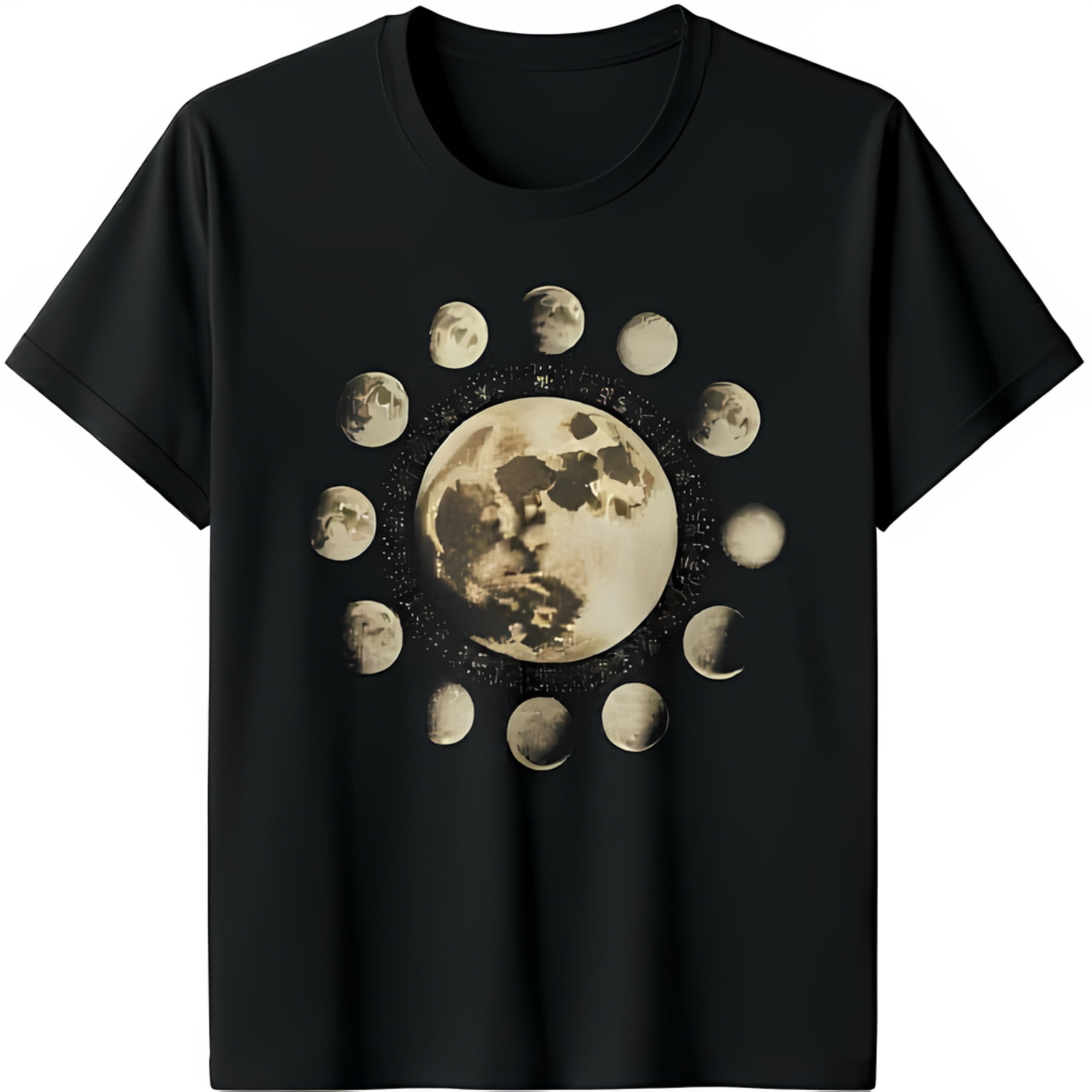 Black T-Shirt with Moon Cycle Graphic Full Moon & Starry Phases Design ...