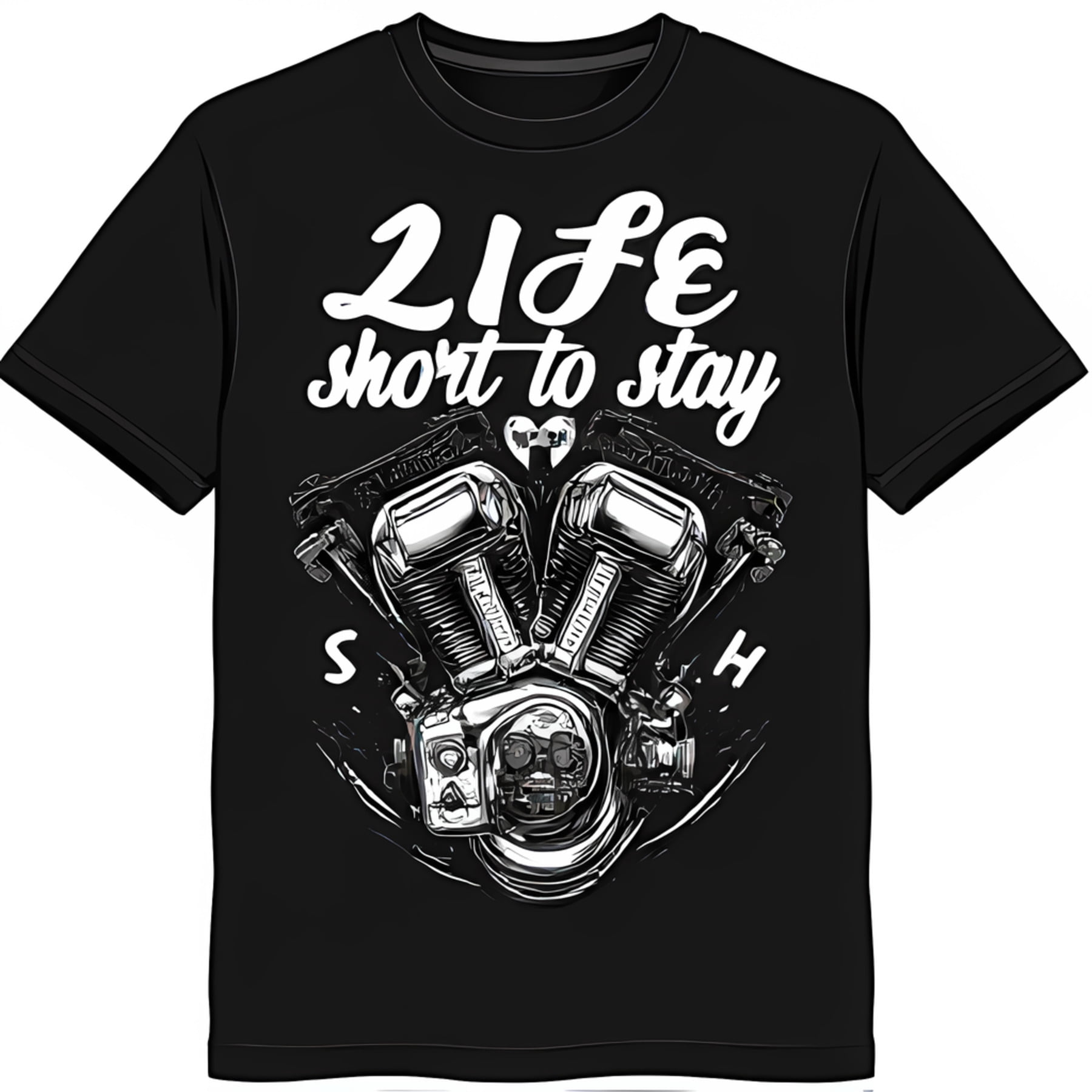 Black T-Shirt with Motorcycle Engine Graphic and Heart Life Short to ...