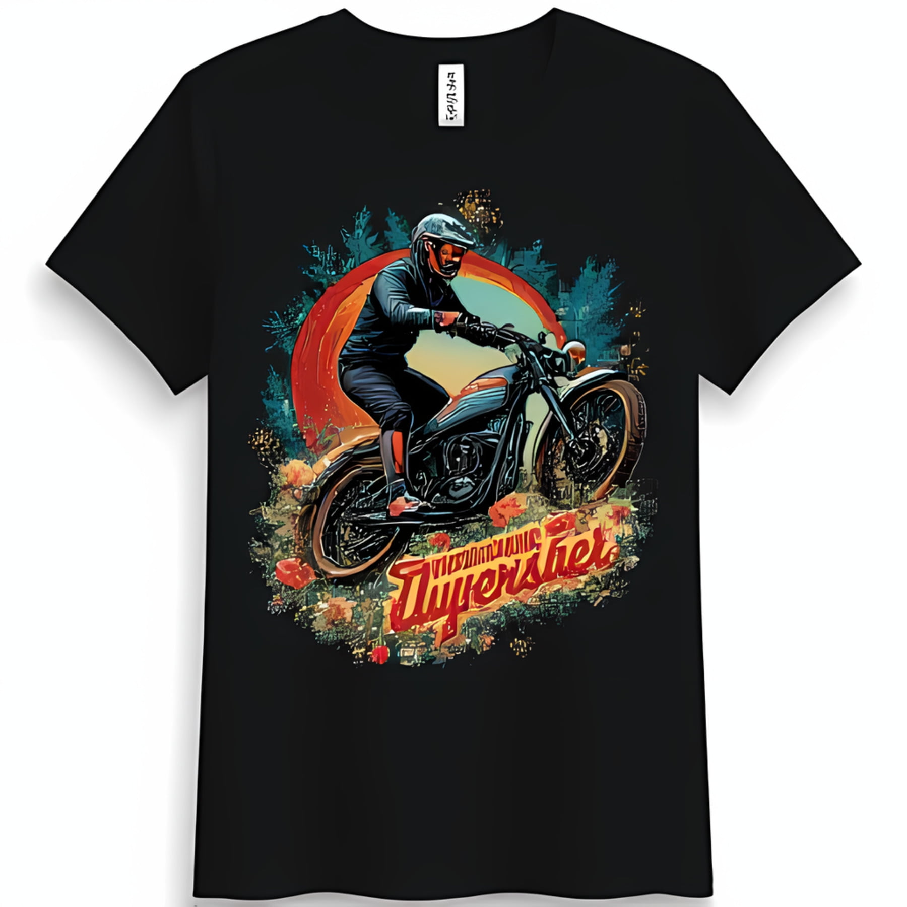 Black T-Shirt with Motorcycle Rider Graphic and Sunset Floral Design ...
