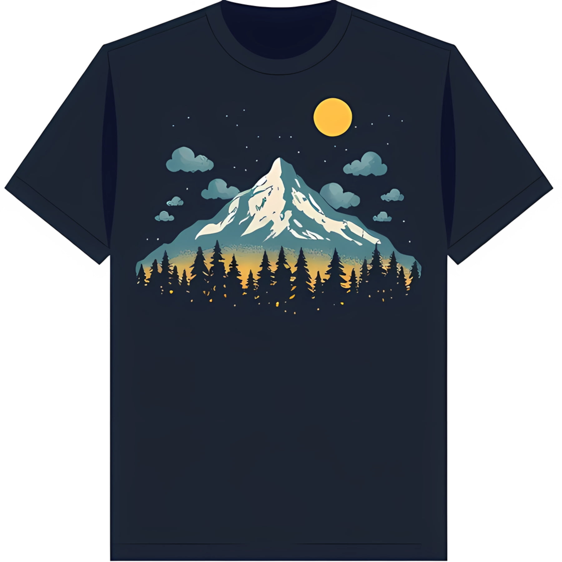 Black T-Shirt with Mountain Range Graphic Large Yellow Moon & Stars ...