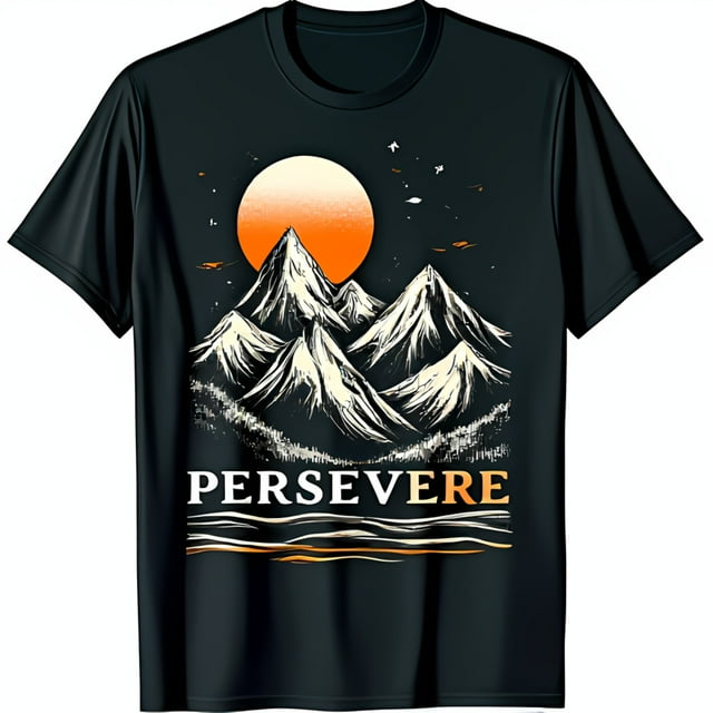 Black T-Shirt with Mountain Range Graphic Sunset Design & PERSEVERE ...