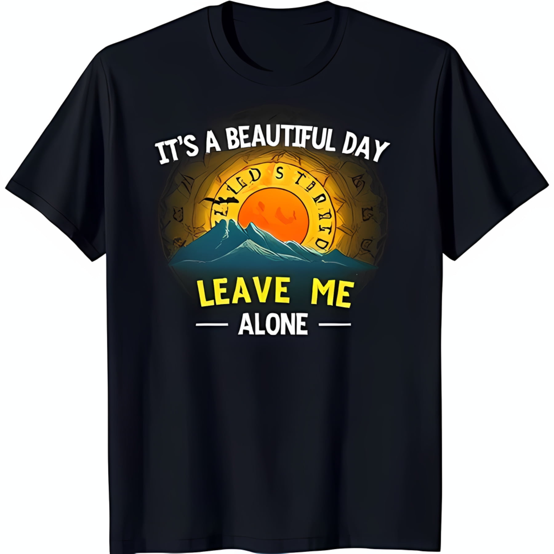 Black T-Shirt with Mountain Range Graphic & Yellow Sun 'It's a ...