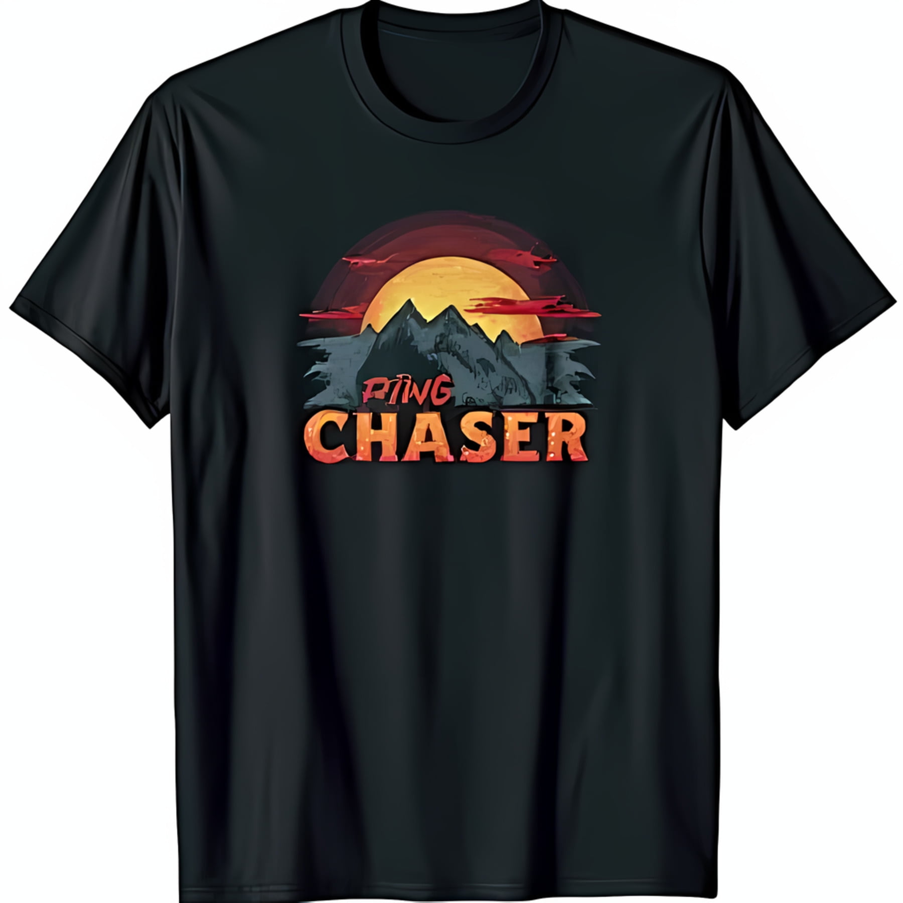 Black T-Shirt with Mountain Sunset Graphic & RING CHASER Design ...