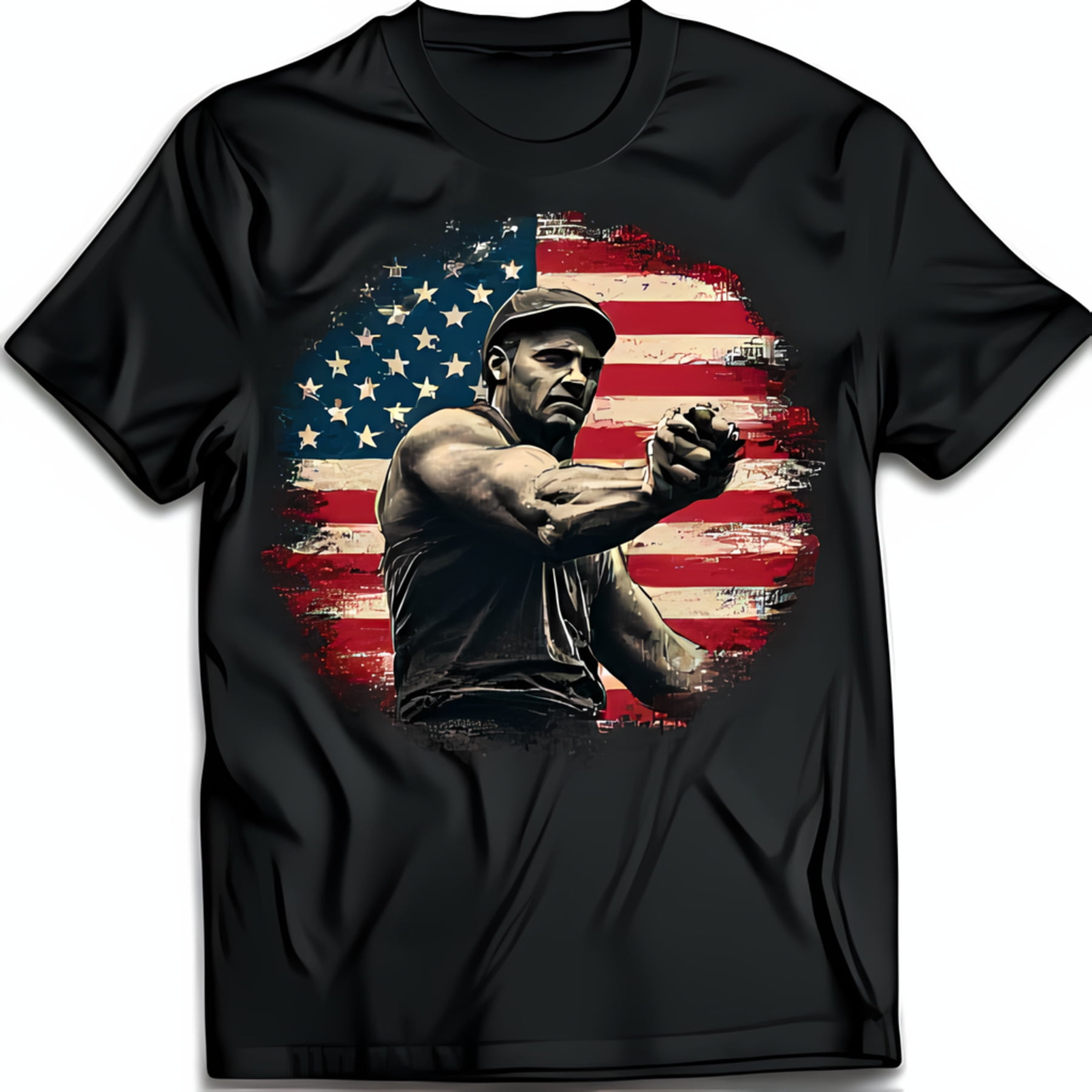 Black T-Shirt with Muscular Man Punching Design Patriotic Strength ...