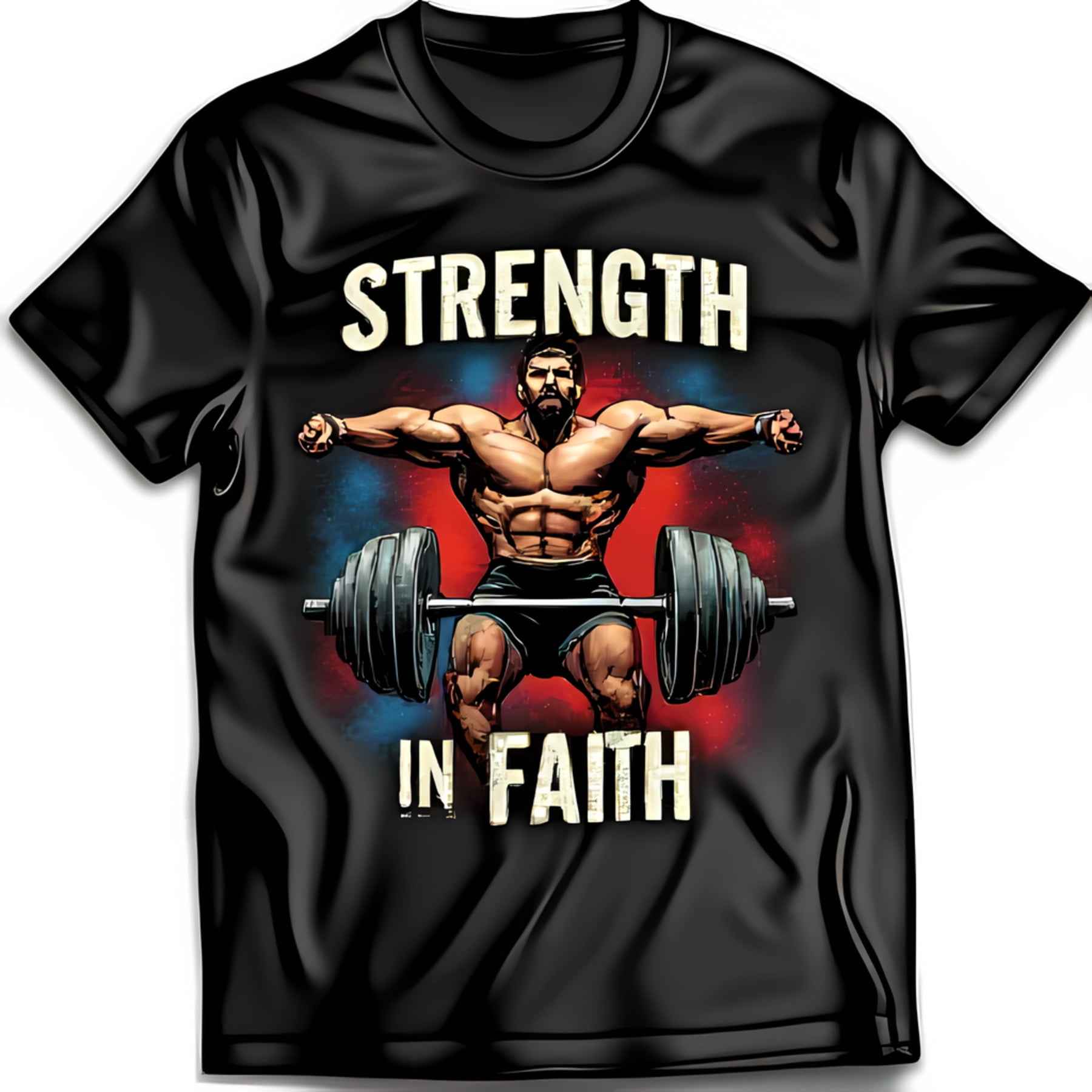 Black T-Shirt with Muscular Weightlifter Graphic 'STRENGTH IN FAITH ...