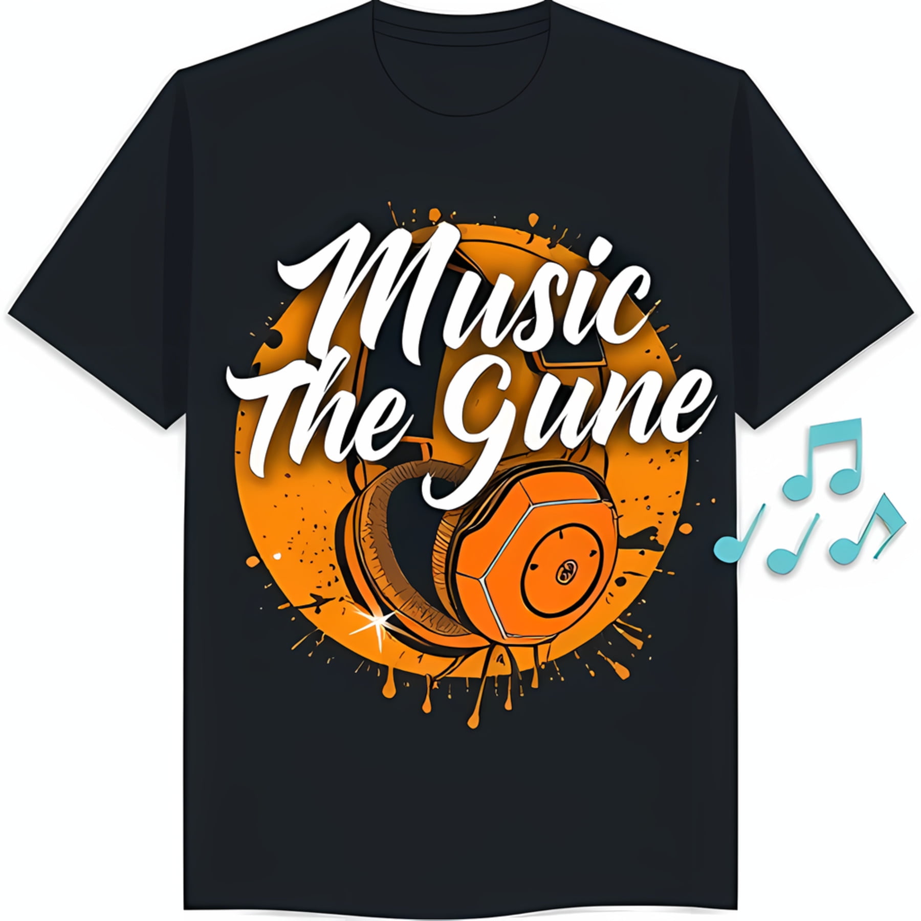 Black T-Shirt with 'Music The Tune' Graphic & Headphones Design ...