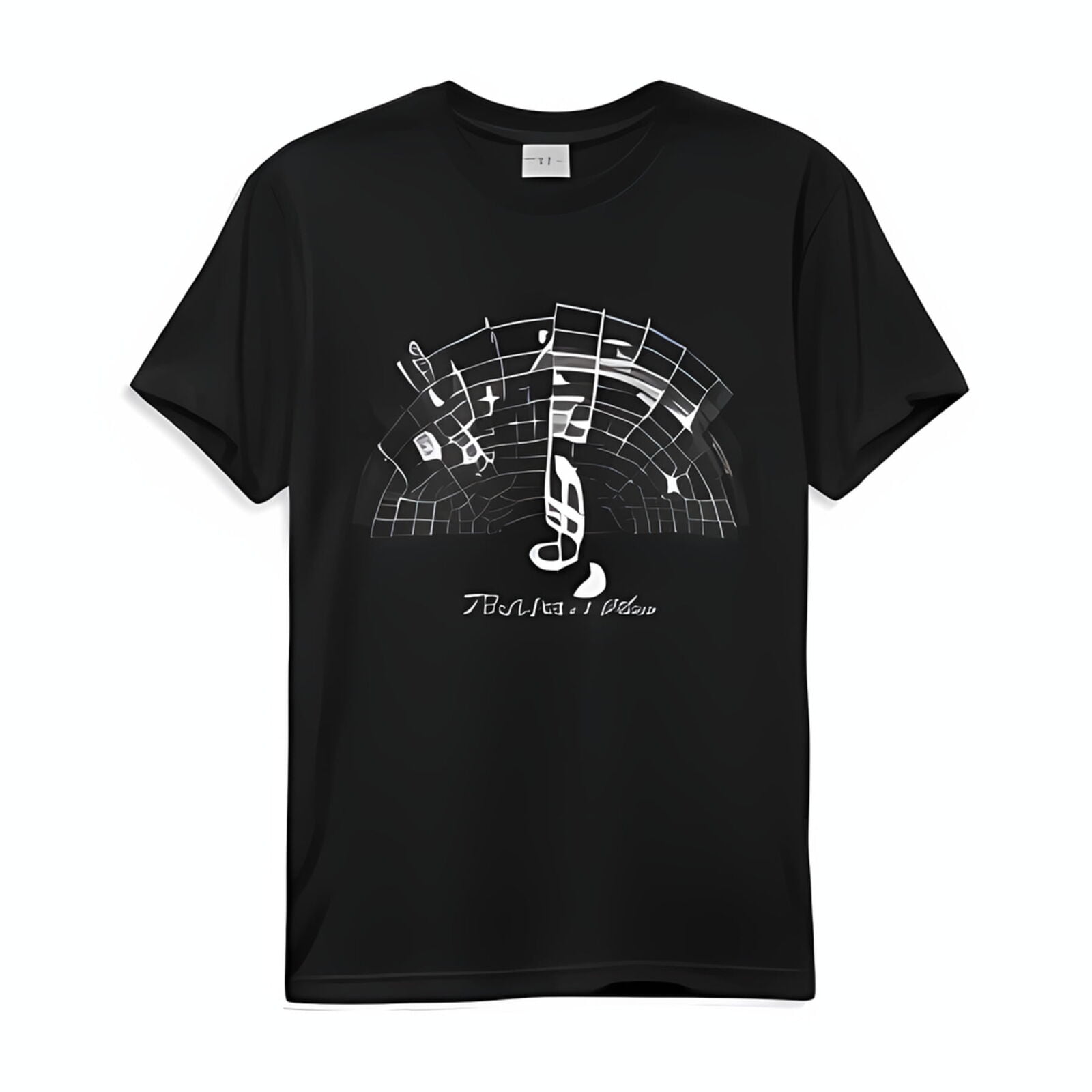 Black T-Shirt with Musical Notes & 'TRoseJazzN a' Text Abstract Music T ...