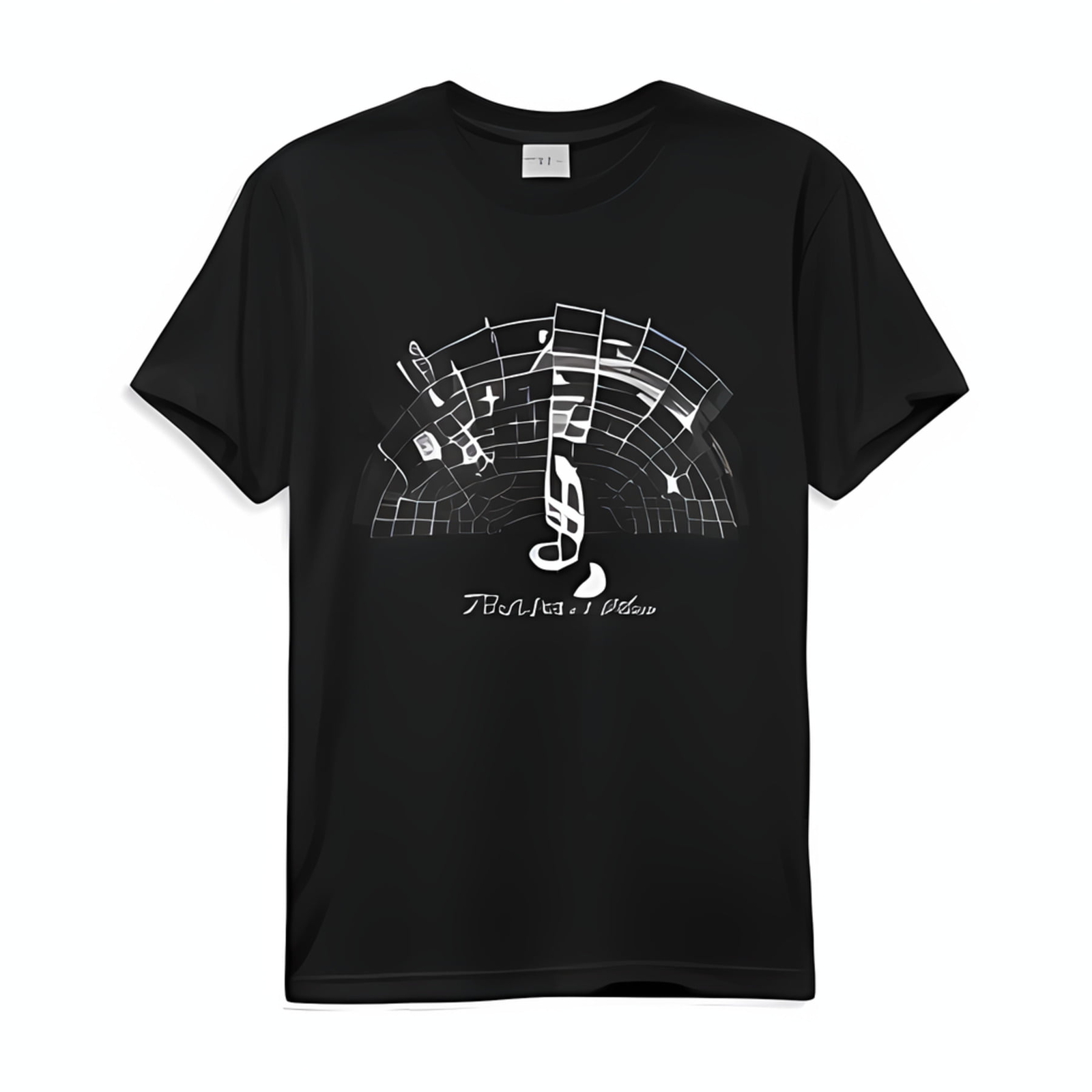 Black T-Shirt with Musical Notes & 'TRoseJazzN a' Text Abstract Music T ...
