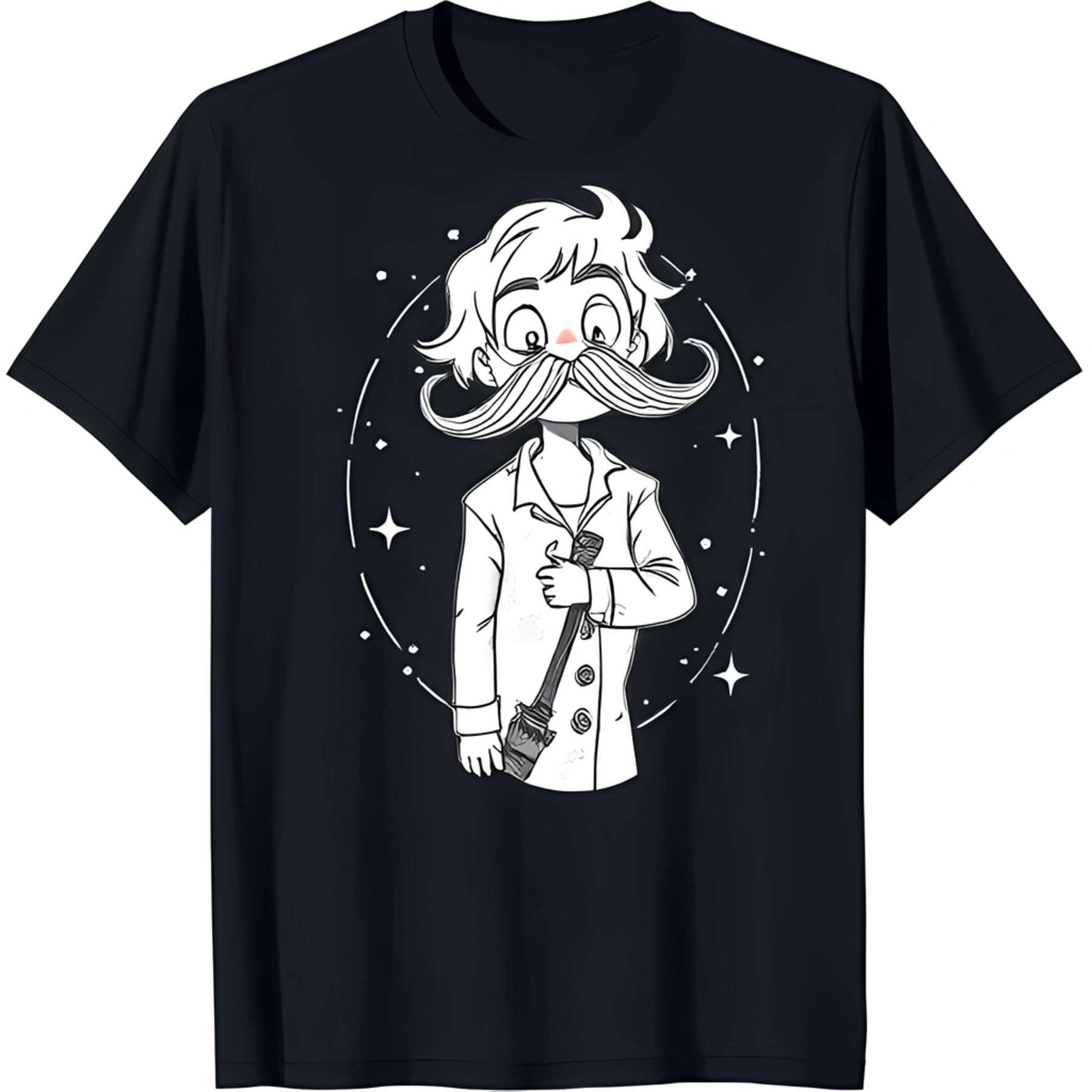 Black T-Shirt with Mustached Artist in Lab Coat & Starry Circle Design ...