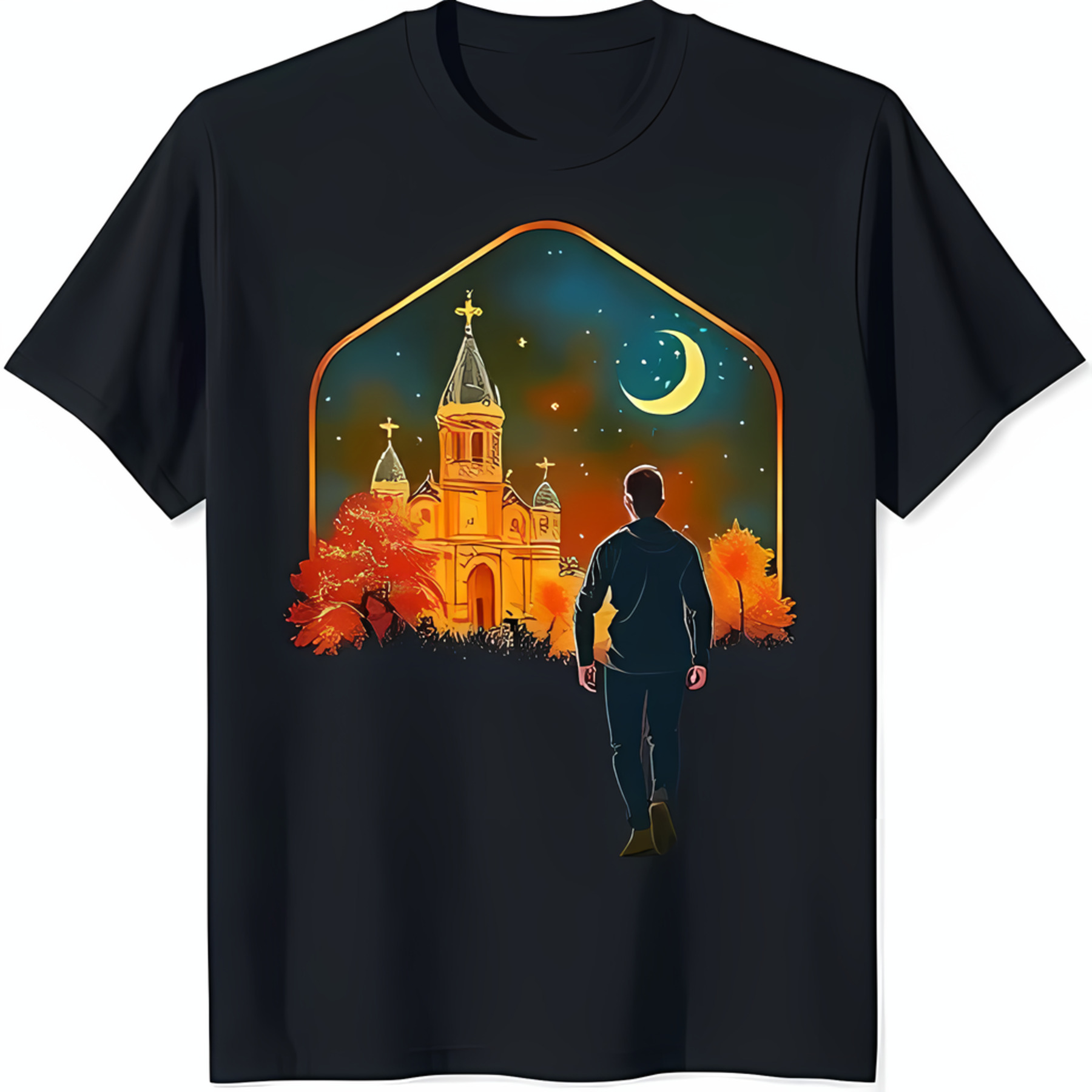 Black T-Shirt with Mystical Graphic of Lone Figure Walking to Warmly ...