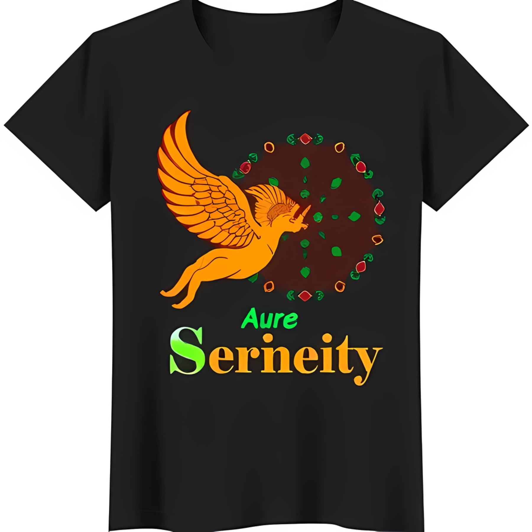 Black T-Shirt with Mythical Winged Creature 'Aure Serenity' Design ...