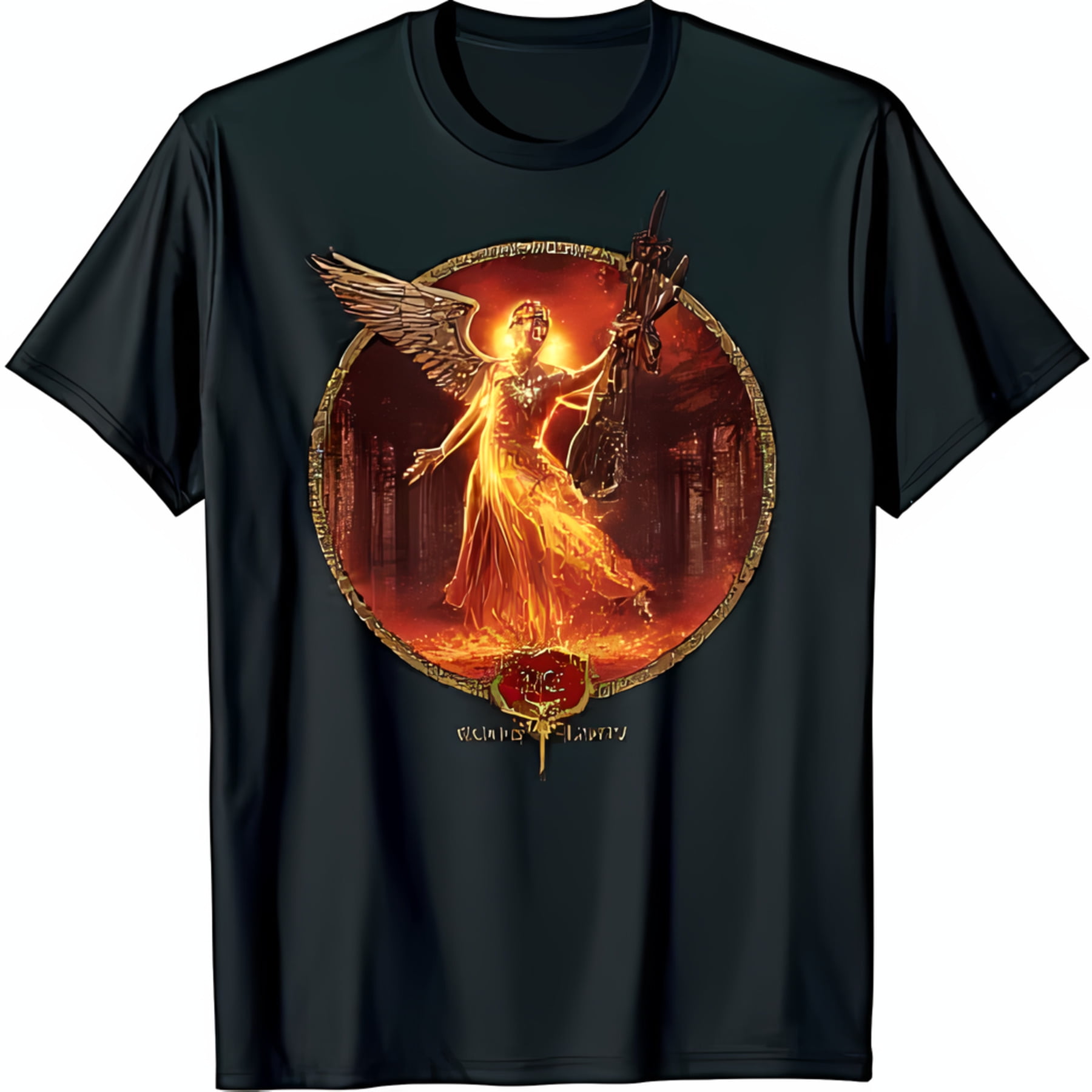 Black T-Shirt with Mythological Woman in Flames & Lyre Graphic ...