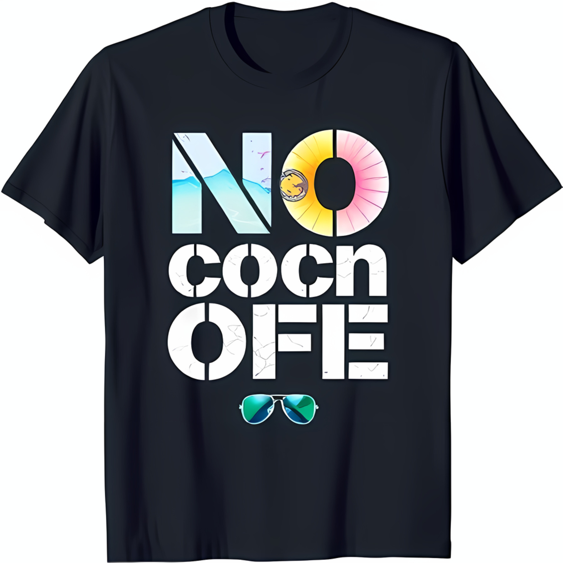 Black T-Shirt with 'NO COCON OFIE' Design & Colorful Beach Umbrella ...