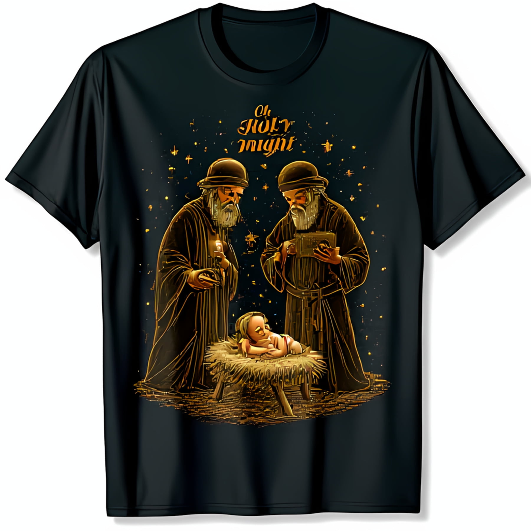 Black T-Shirt with Nativity Scene Design in Manger Wise Men 'Oh Night ...
