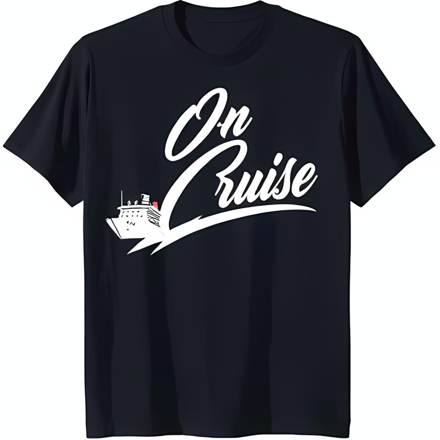 Black T-Shirt with 'On Cruise' Text & White Cruise Ship Design ...
