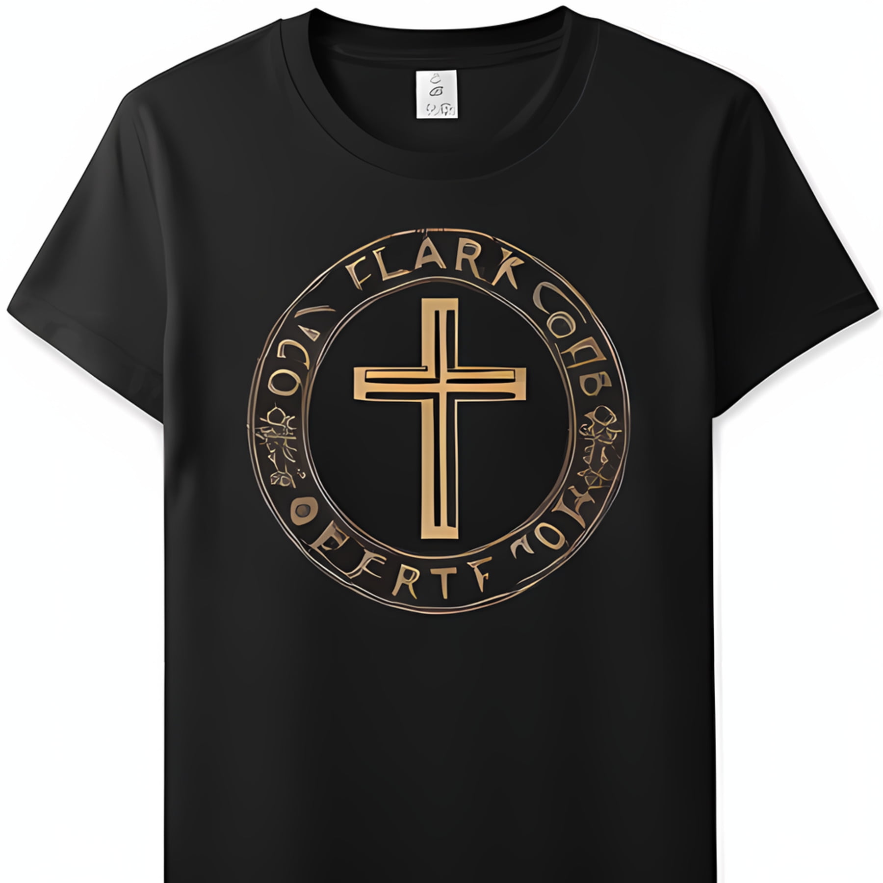 Black T-Shirt with 'On Flark Cross' Gold Foil Design & Christian Symbol ...