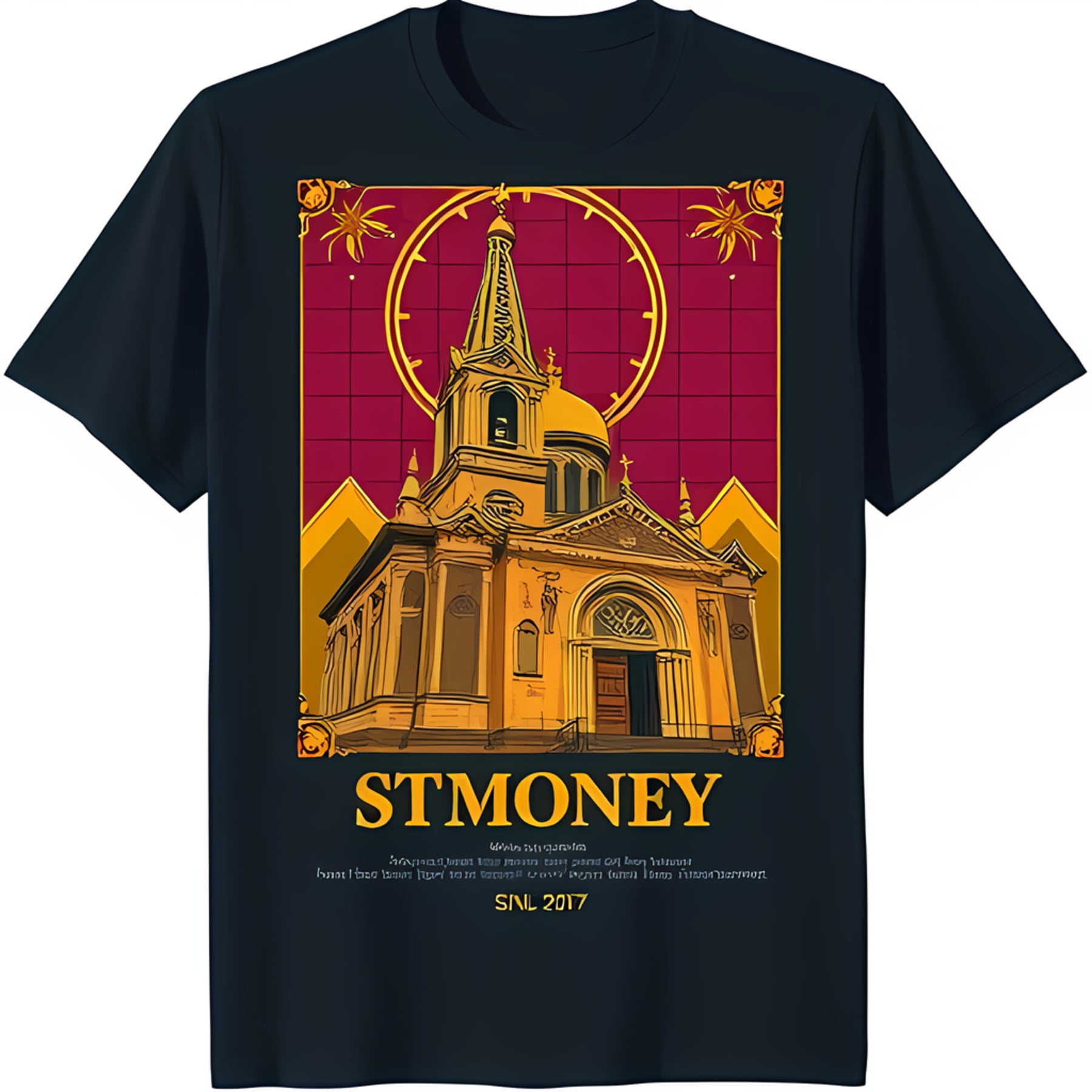 Black T-Shirt with Ornate Yellow Clock Tower Design STMONEY SNL 2017 ...