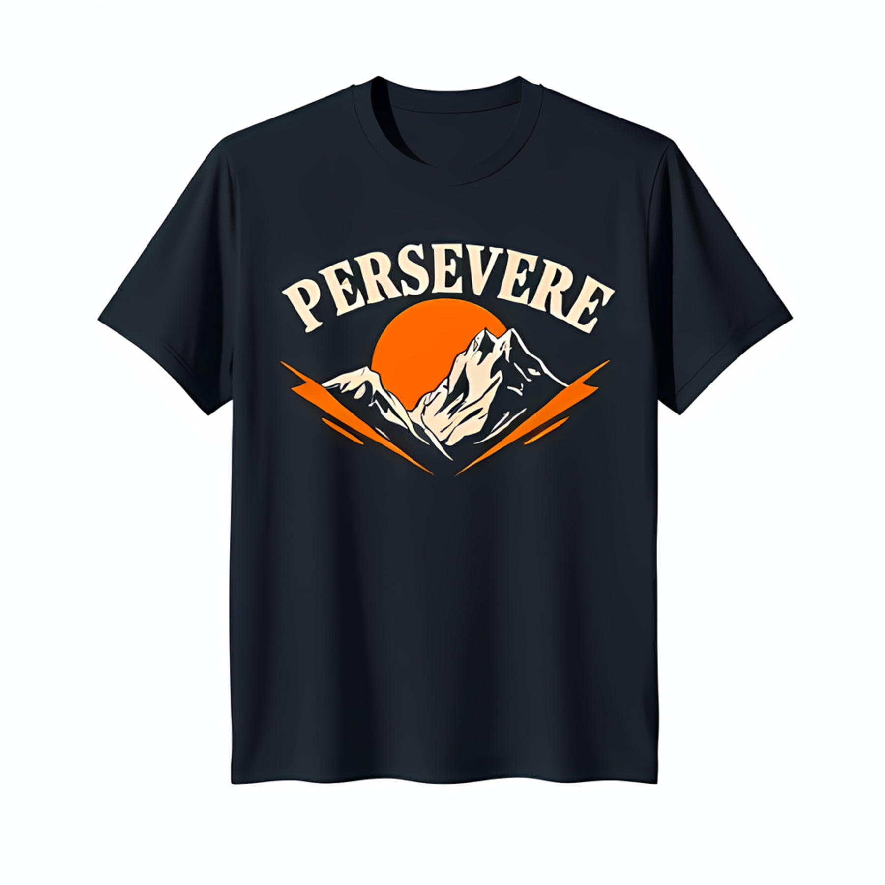 Black T-Shirt with 'PERSEVERE' Graphic and Retro Sunrise Mountain ...