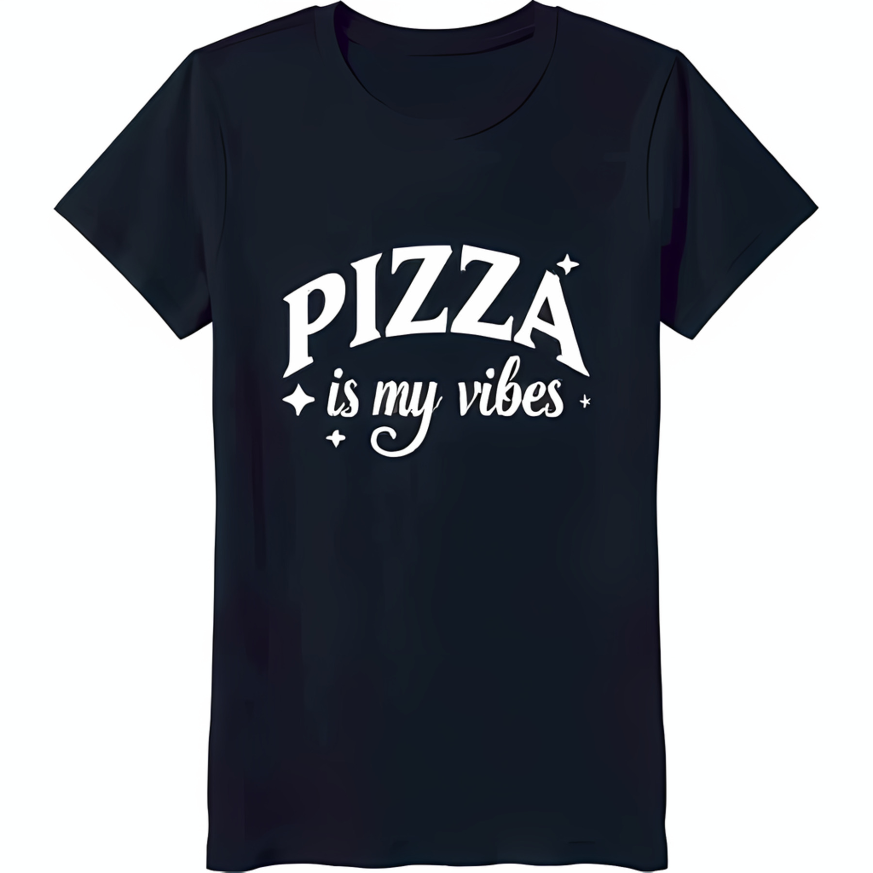 Black T-Shirt with 'PIZZA is my vibes' Slogan in Cursive Font & Stars ...