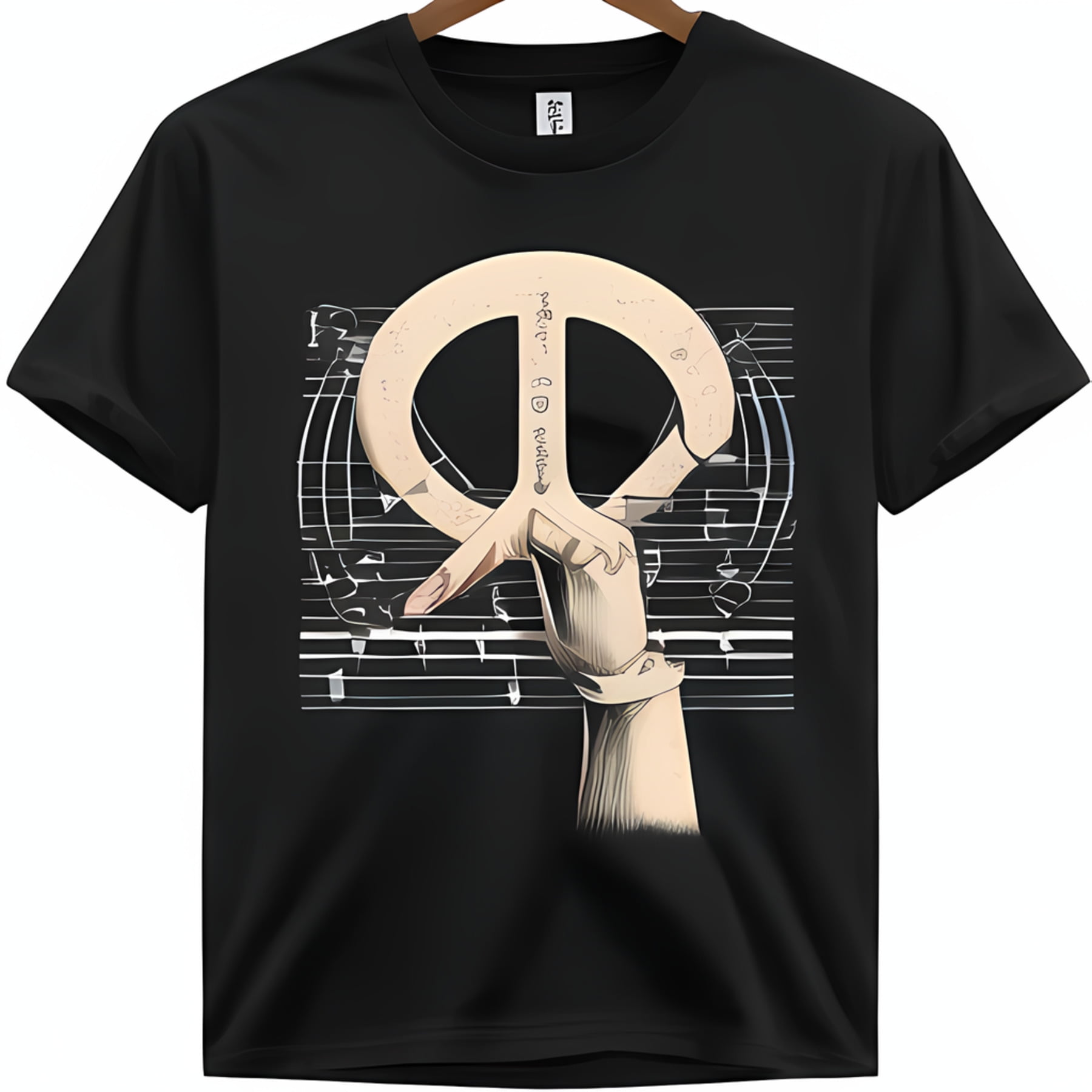 Black T-Shirt with Peace Sign & Musical Notes Graphic Harmony & Style ...