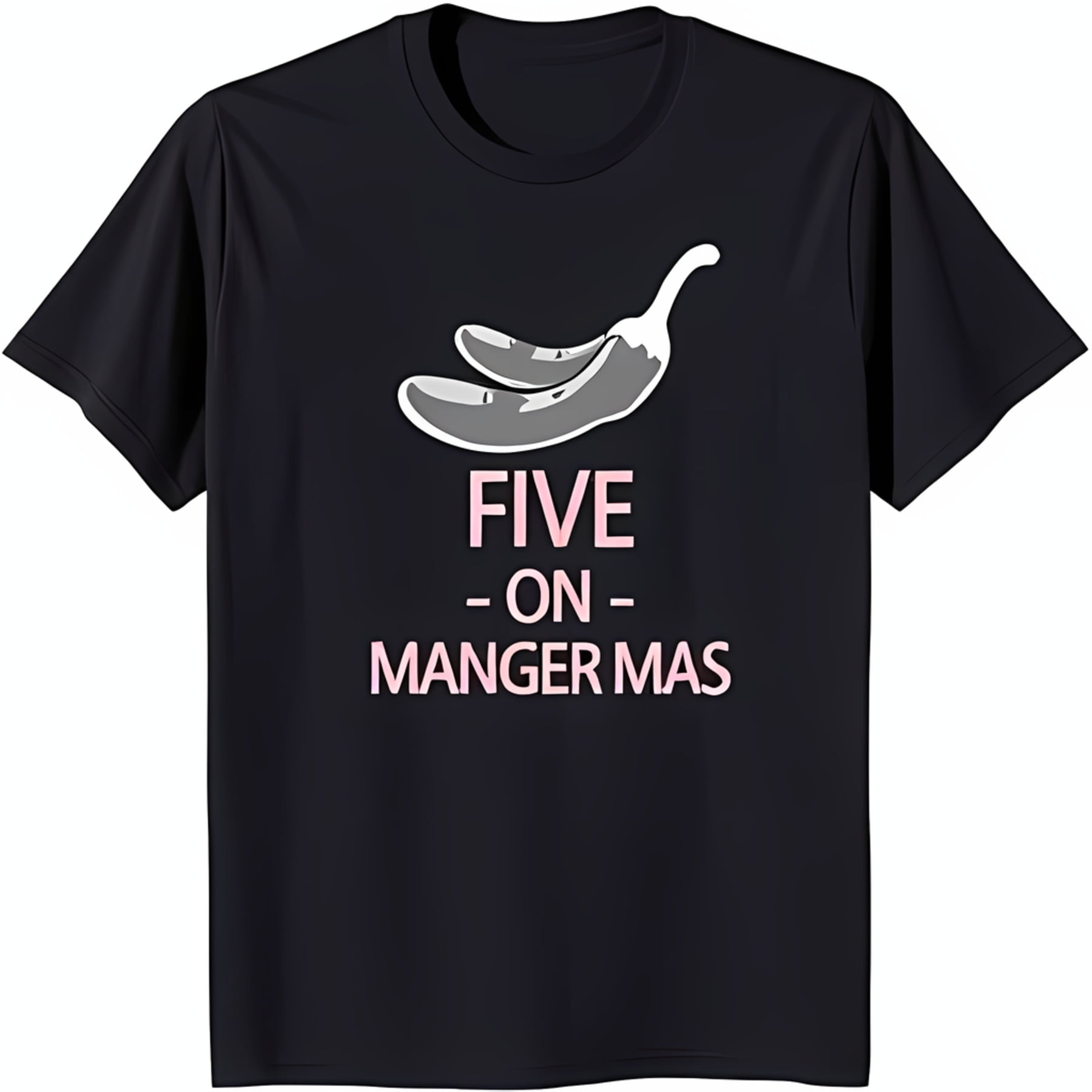 Black T-Shirt with Pepper Graphic and 'Five on Manger Mas' in Pink ...