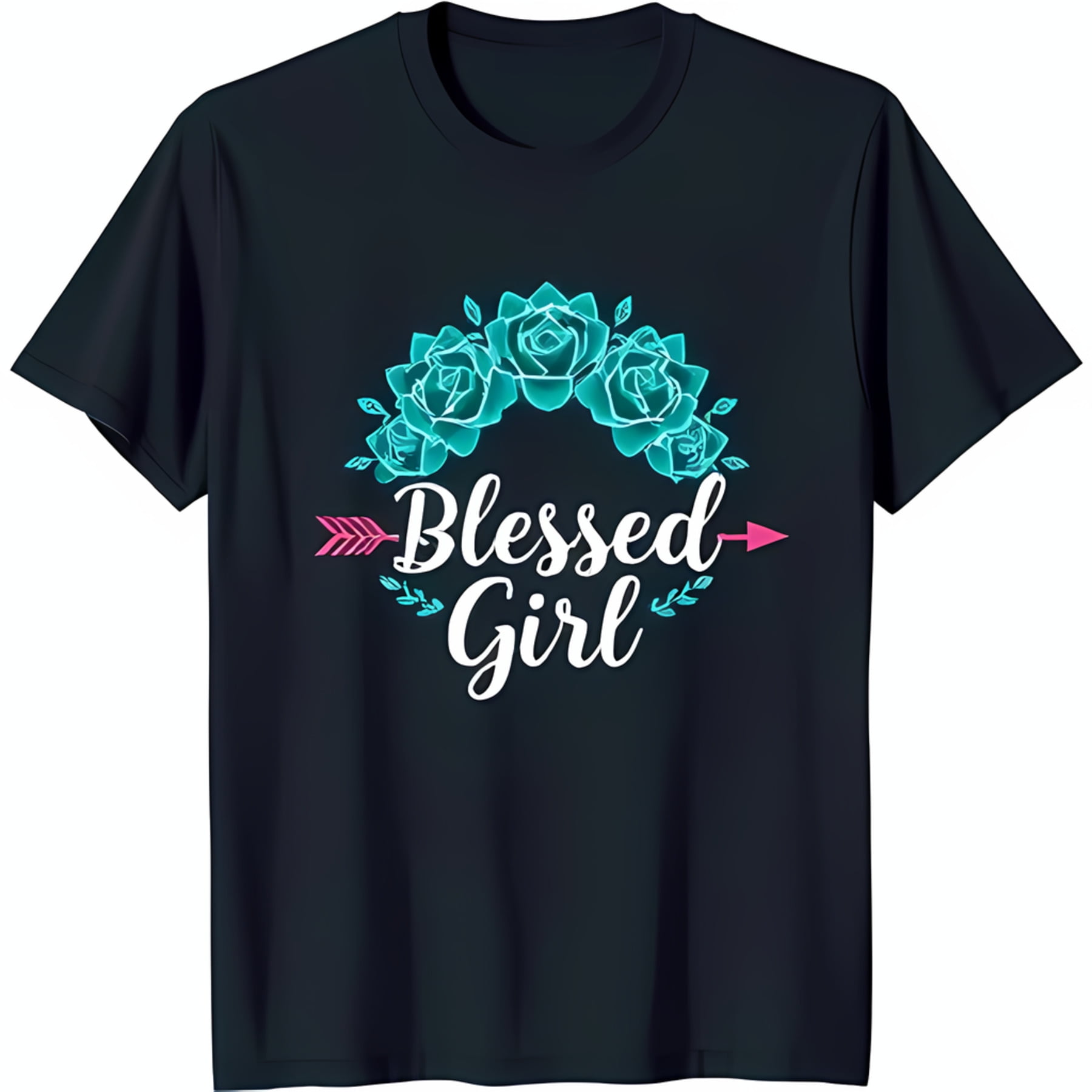 Black T-Shirt with Pink Arrow & Light Blue Floral Design 'Blessed Girl' Cursive Graphic Tee ...
