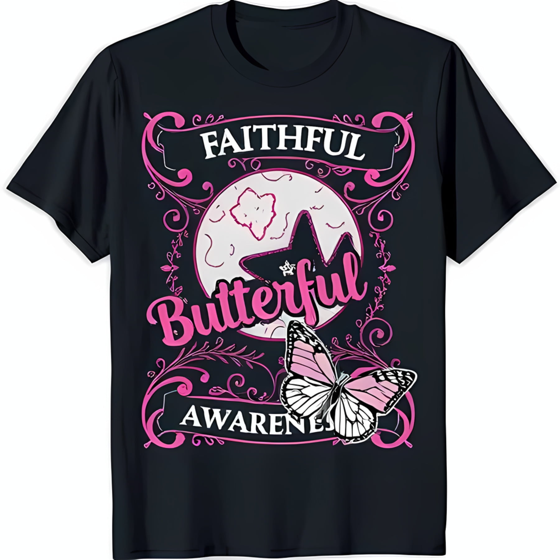 Black T-Shirt with Pink Butterfly Design Star Circle & 'Faithful ...