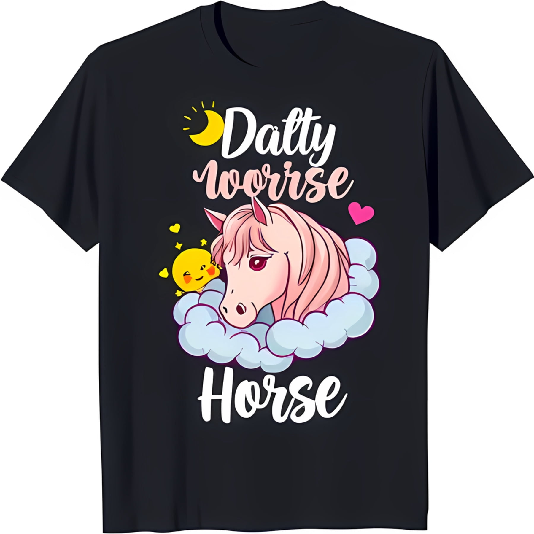 Black T-Shirt with Pink Cartoon Horse Bright & Tail Clouds 'Dalty ...