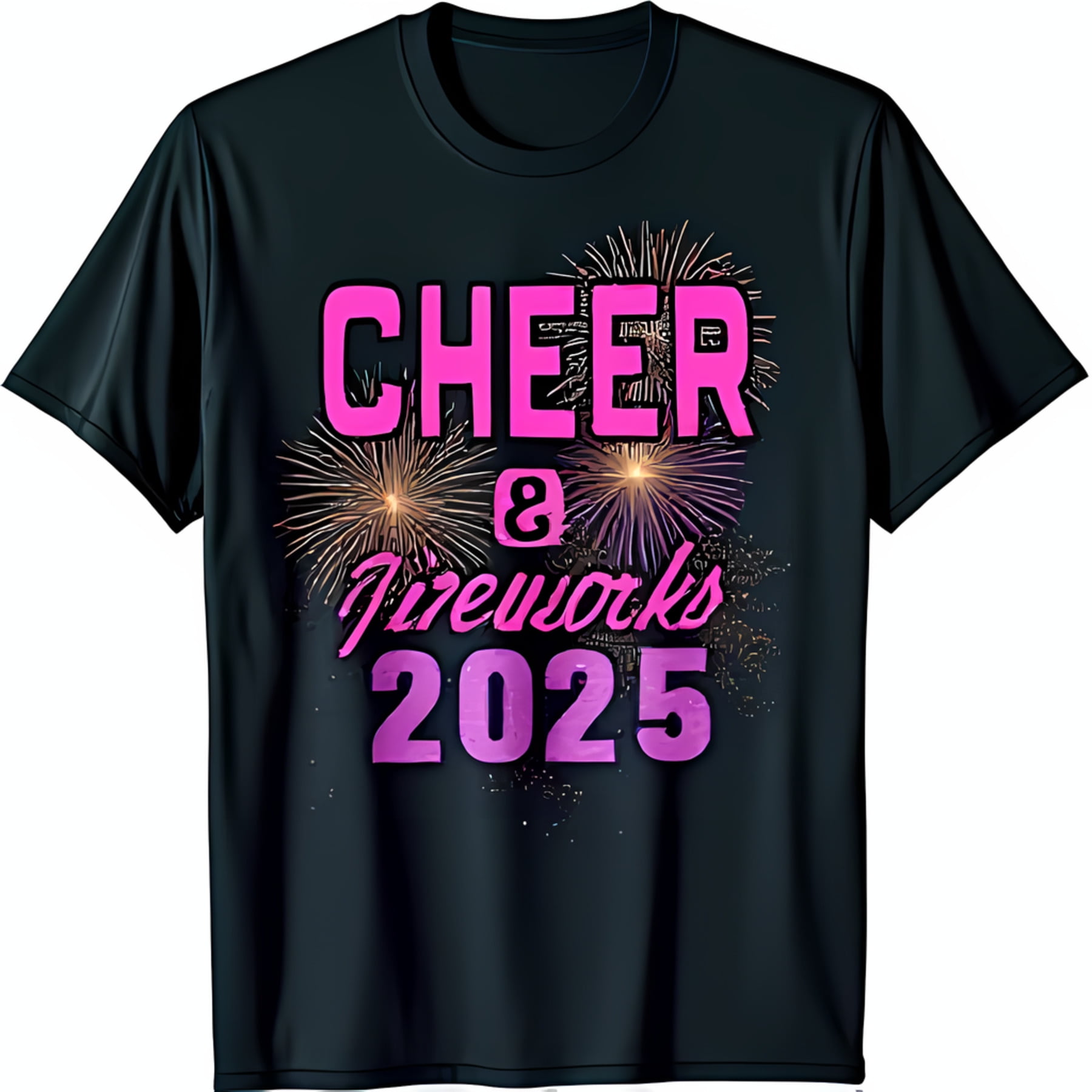 Black T-Shirt with Pink Cheer & 2025 Design and Firework Illustrations ...