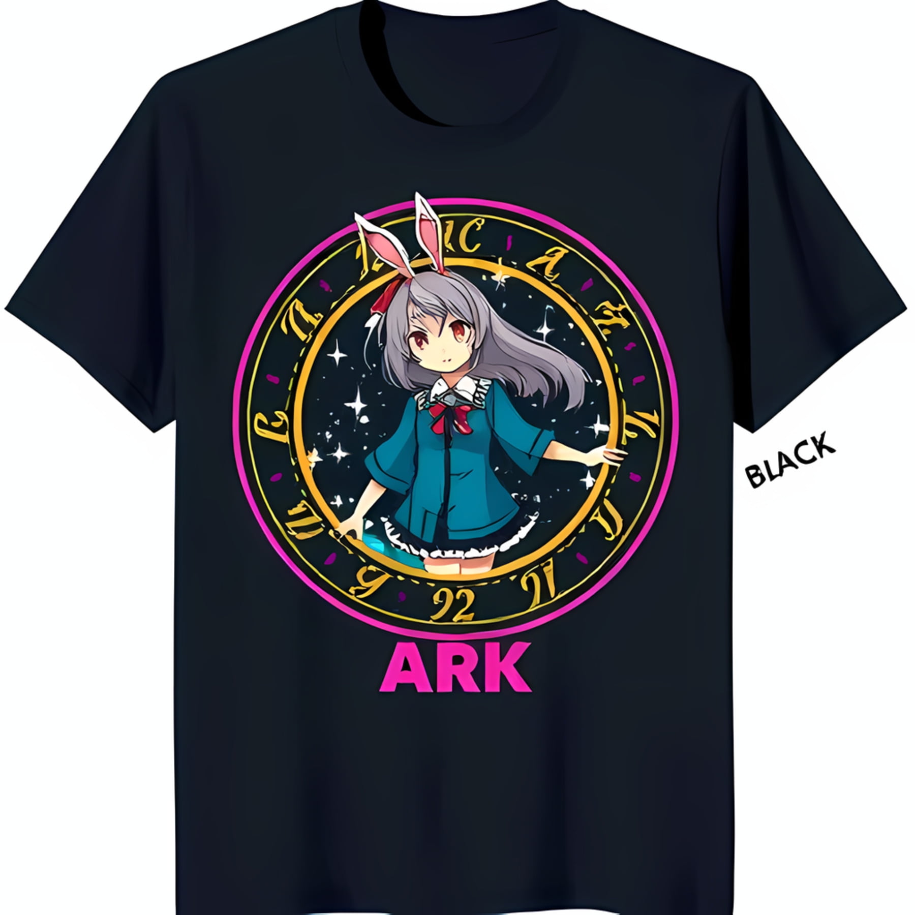 Black T-Shirt with Pink Clock Face Design Eared Girl & 'ARK' Print ...
