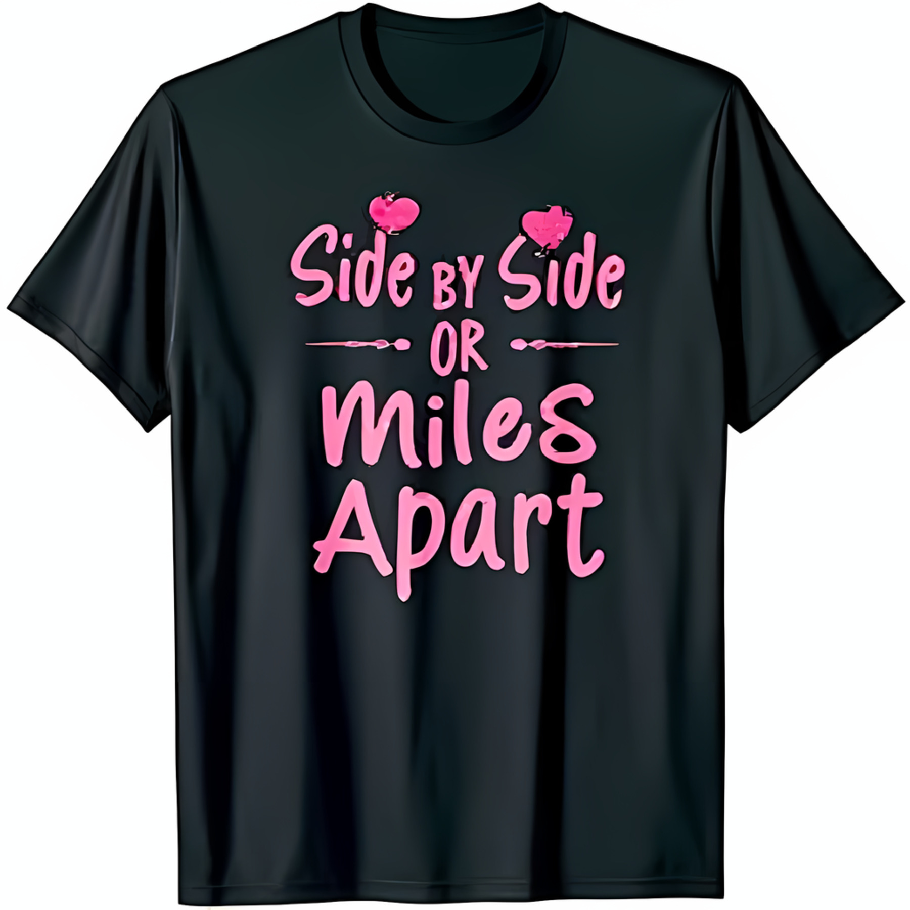 Black T-Shirt with Pink Cursive 'Side by Side or Miles Apart' Design ...