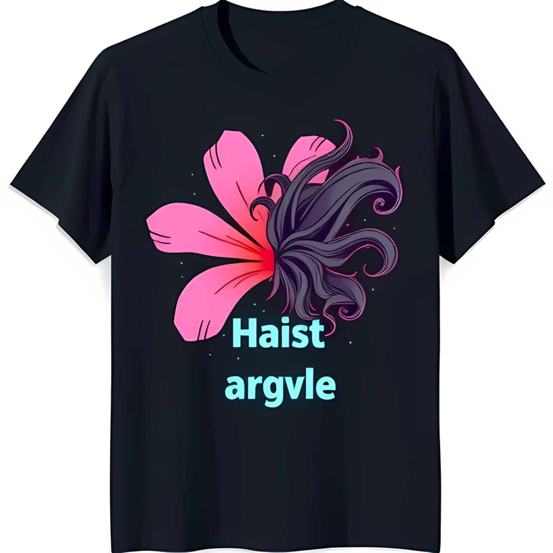 Black T-Shirt with Pink Flower Design and 'Haist argvle' in Blue Text ...