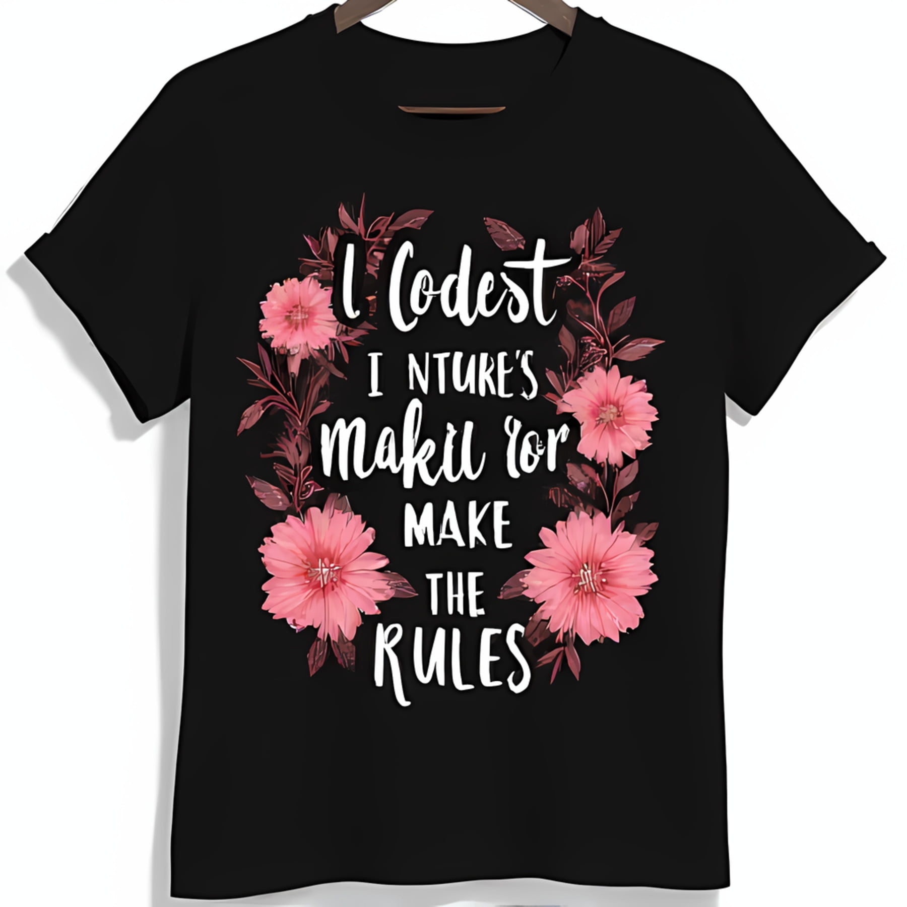 Black T-Shirt with Pink Flower Graphic and Unique I Codest in Ture ...