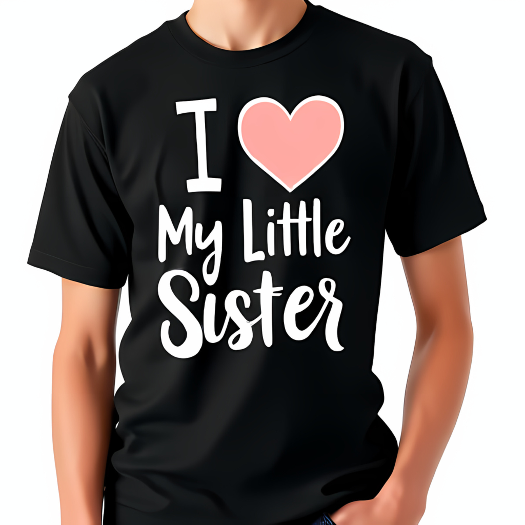 Black T-Shirt with Pink Heart Graphic 'I Love My Little Sister' Design ...