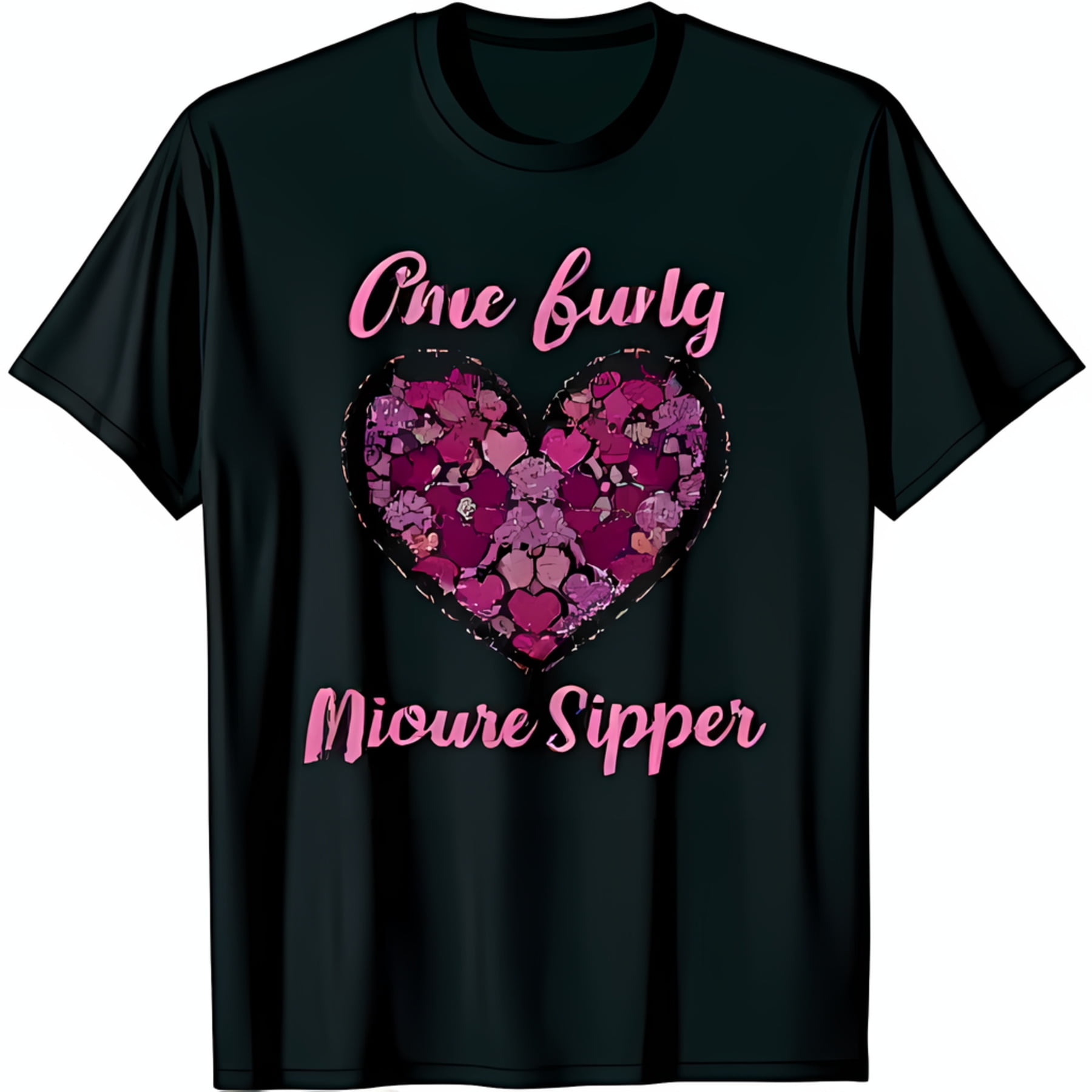 Black T-Shirt with Pink Heart Graphic One Burly Mioure Sipper Design ...