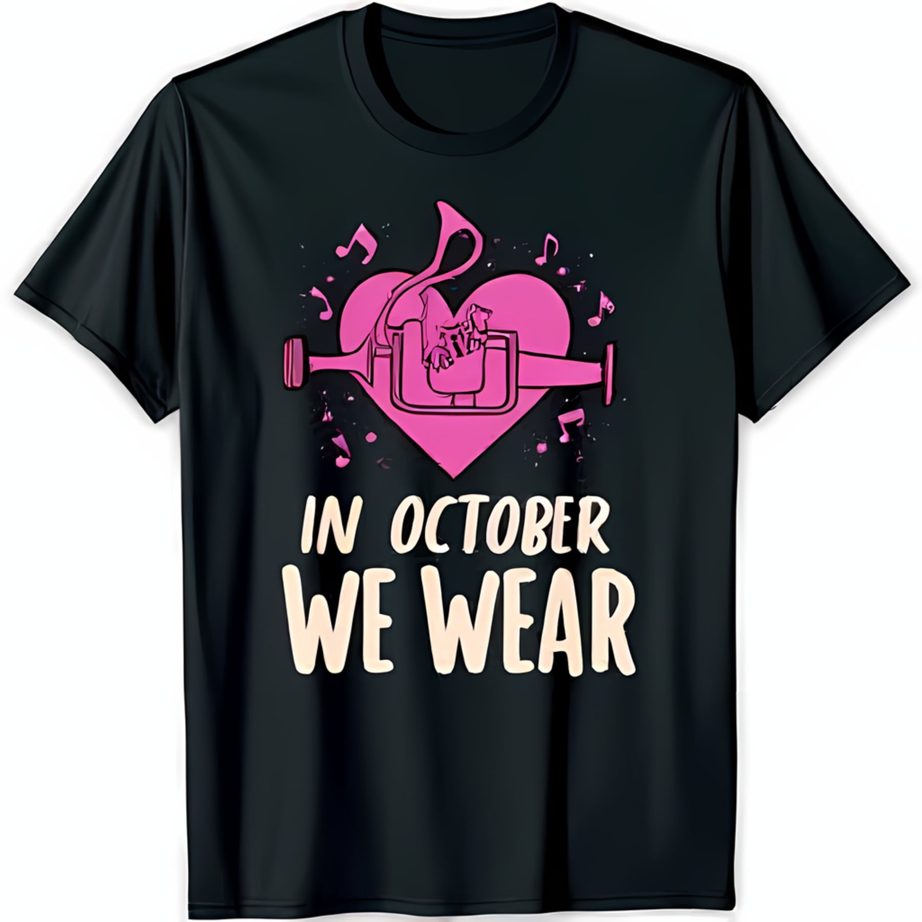 Black T-Shirt with Pink Heart & Musical Instrument Design In October We ...