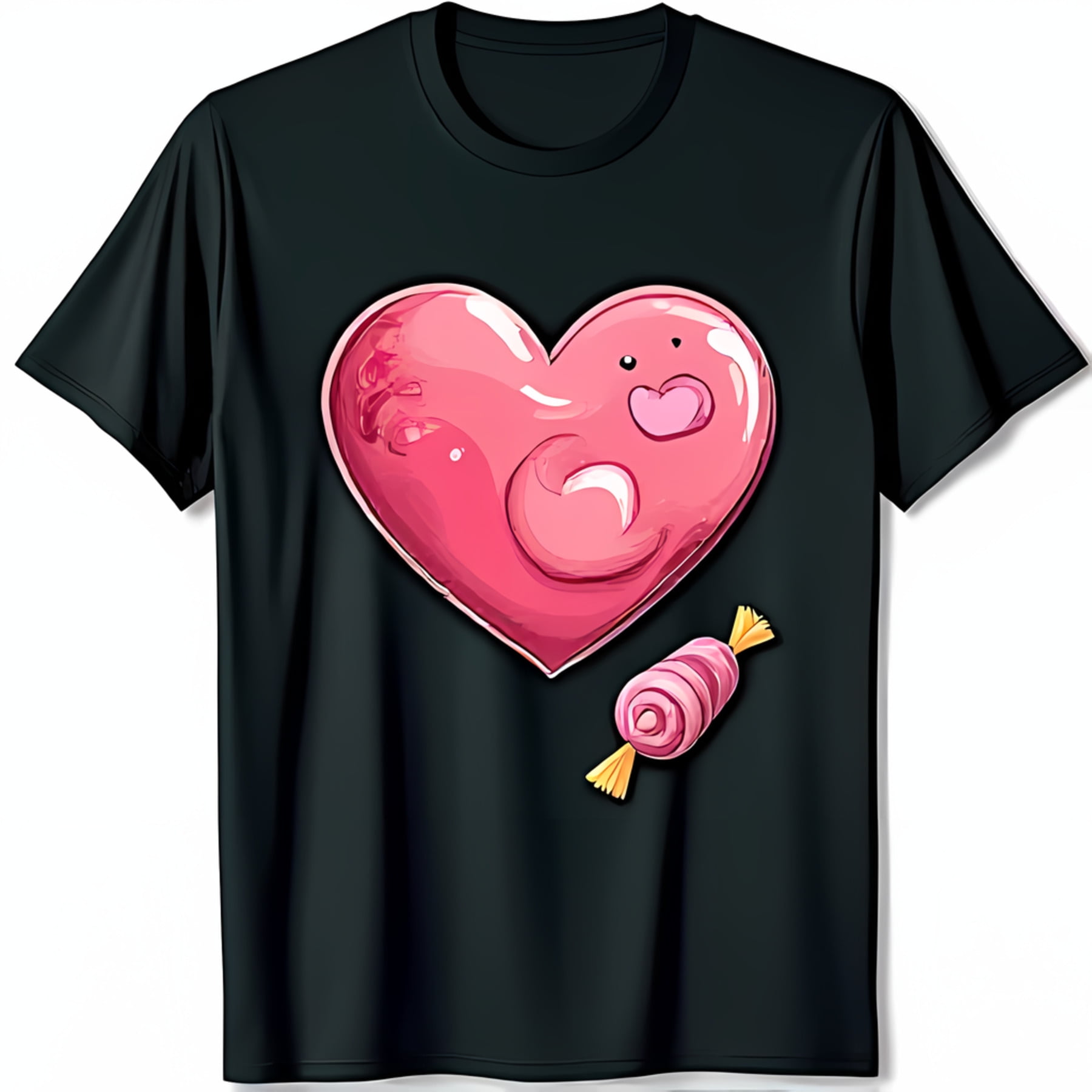 Black T-Shirt with Pink Heart and Candy Design Sweet & Fun Casual Wear ...
