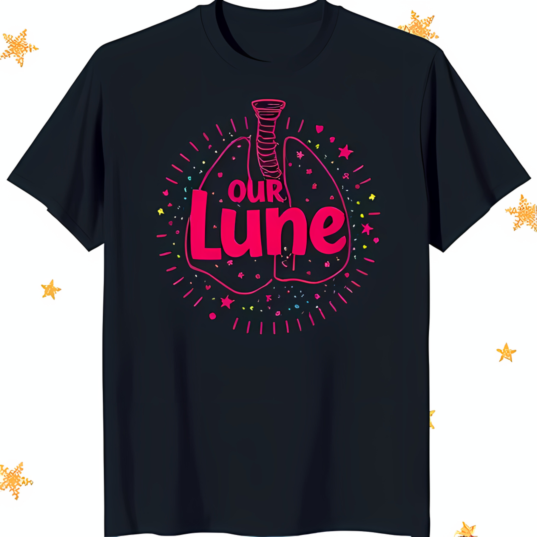 Black T-Shirt with Pink Lung Outline and 'OUR LUNE' Text Star Design ...