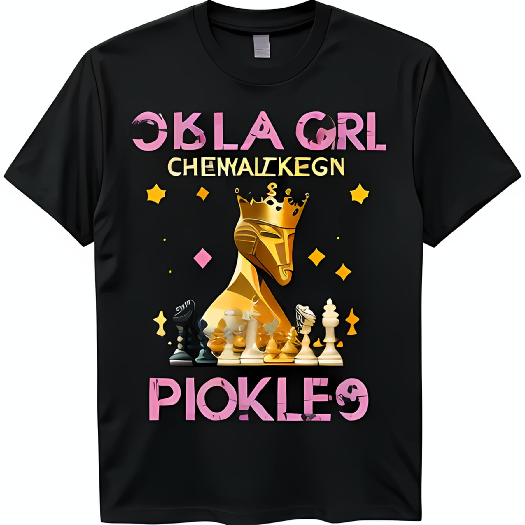 Black T-Shirt with Pink OKLA GRl Graphic & Gold Chess Piece Design ...