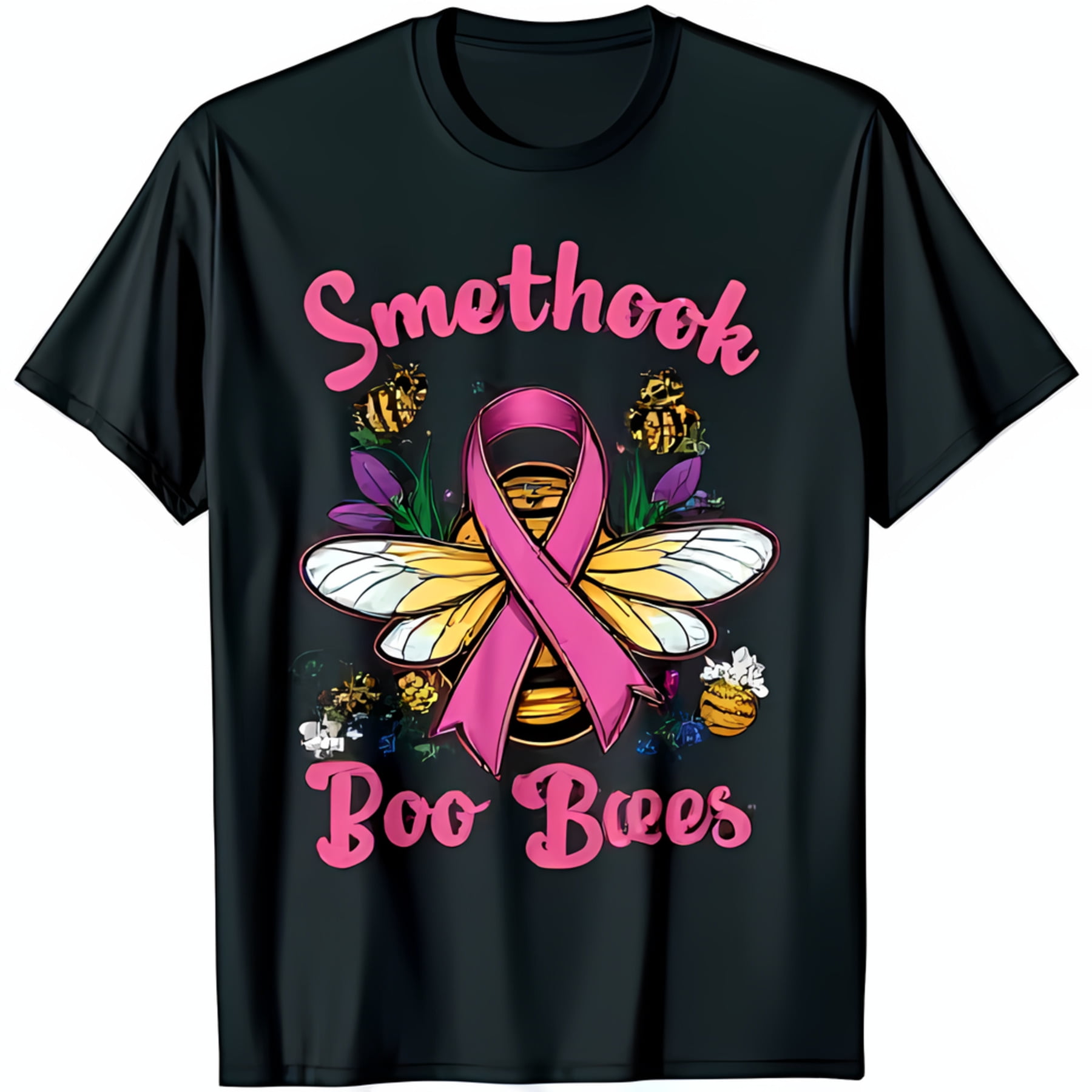 Black T-Shirt with Pink Ribbon Bow and Bee Graphic Smeethook Boo Design ...