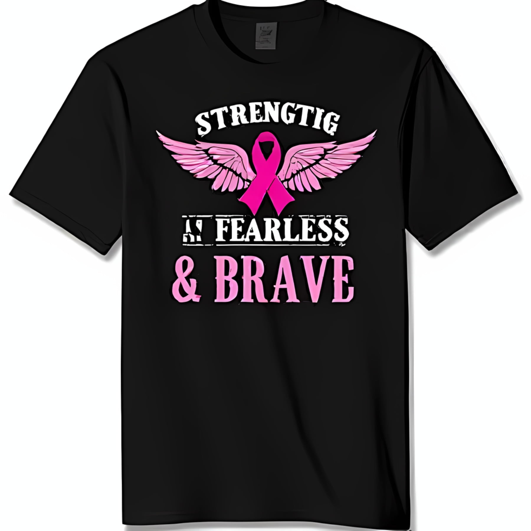 Black T-Shirt with Pink Ribbon and Wings 'Strongtig As Fearless & Brave ...